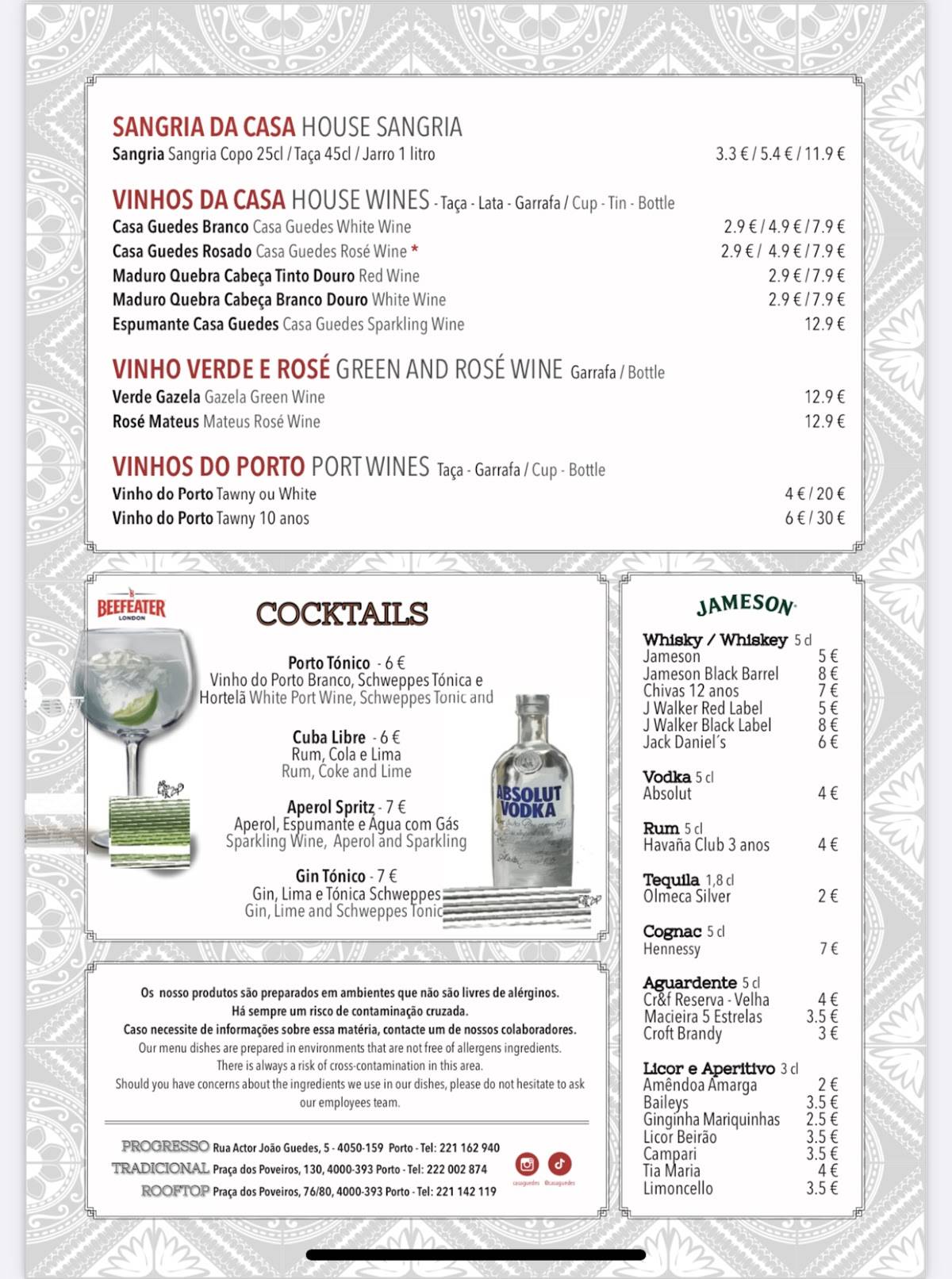 Menu at Casa Guedes Tradicional restaurant, Porto