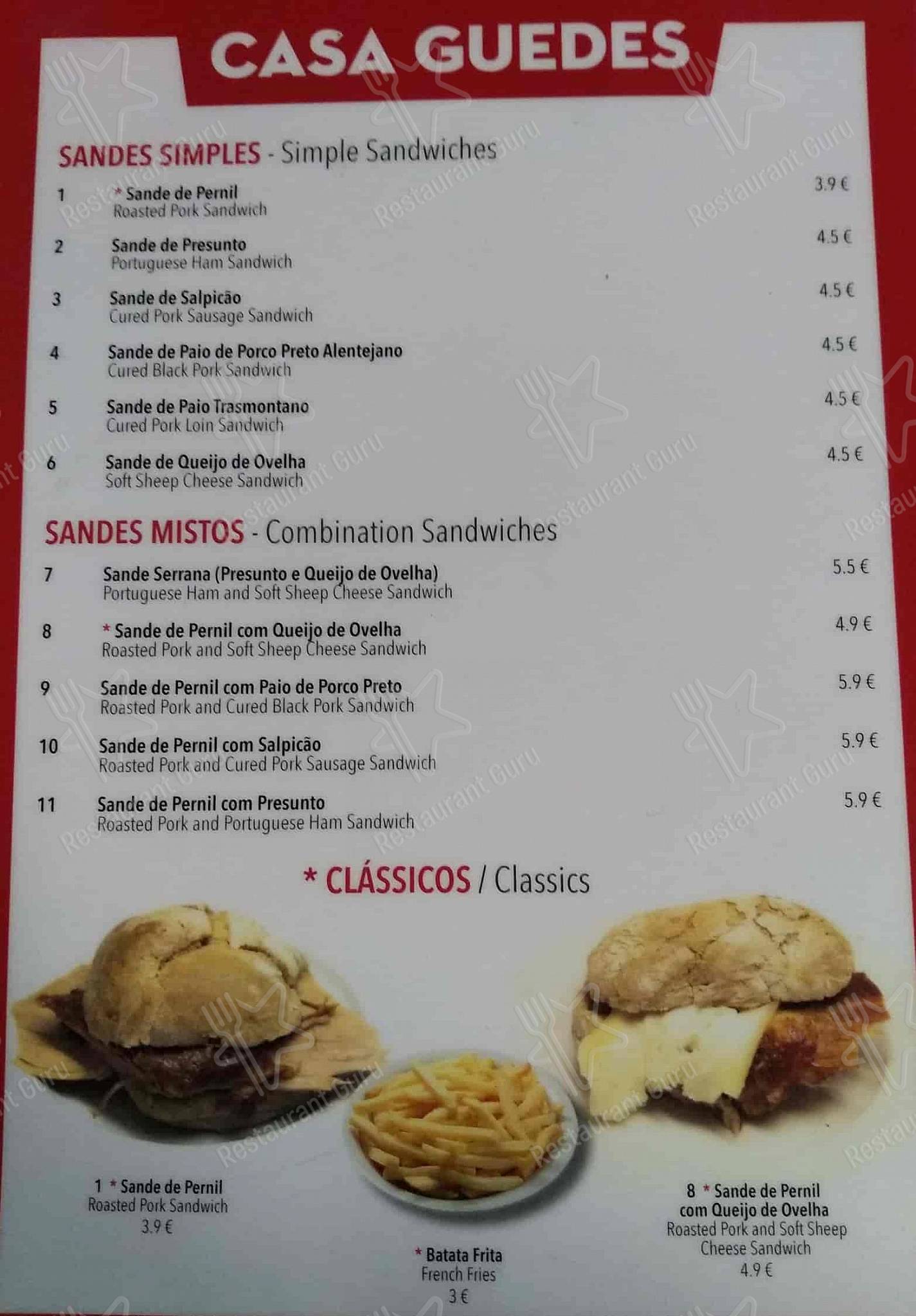 Menu at Casa Guedes Tradicional restaurant, Porto