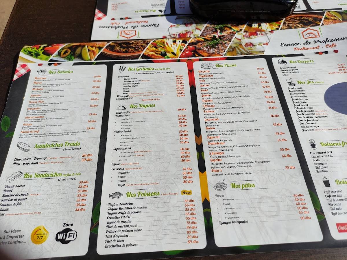 Menu au L'espace du professeur restaurant, Casablanca