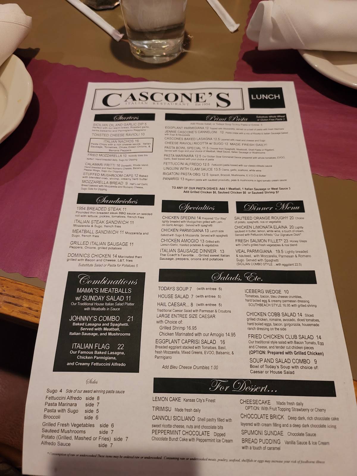 Menu at Cascone's restaurant, Kansas City, N Oak Trafficway