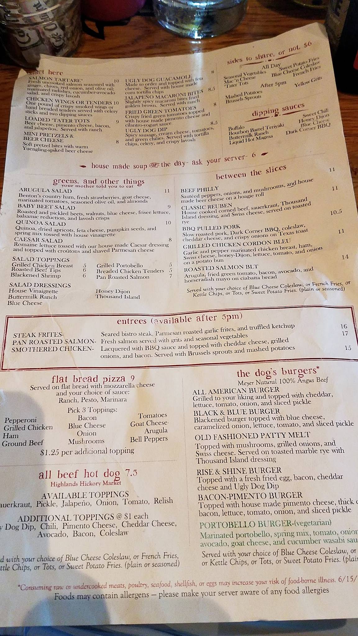Menu at The Ugly Dog Pub-Cashiers, Cashiers