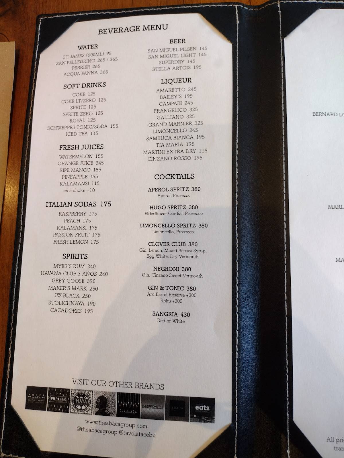 Menu at Tavolata restaurant, Cebu City, ayala center