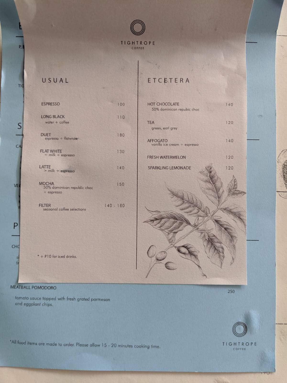 Menu at Tightrope Coffee cafe, Cebu City, M. L. Quezon Avenue