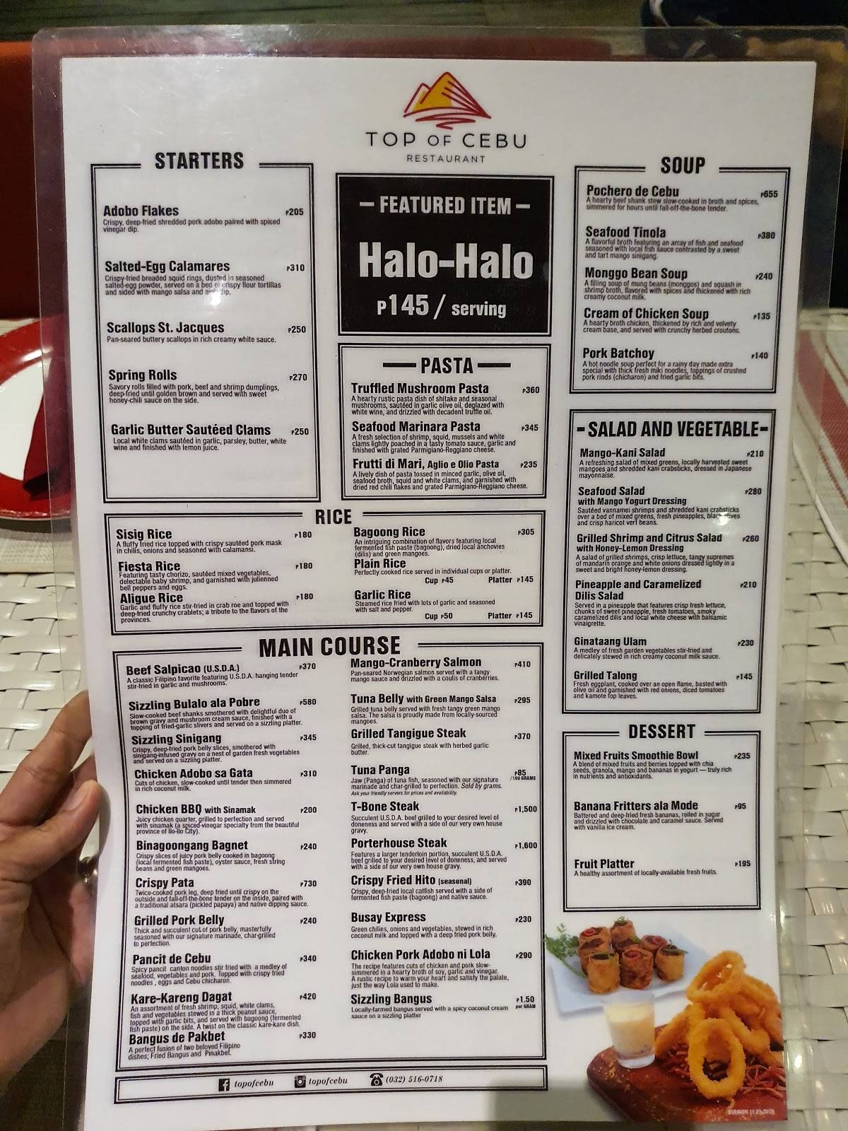 Menu at Top of Cebu restaurant, Cebu City