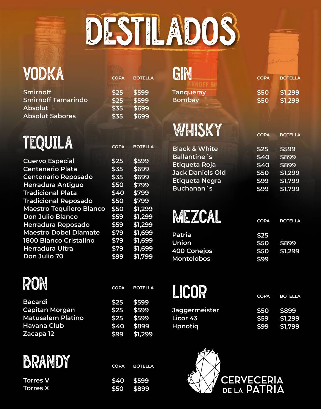 Carta del pub y bar Cerveceria La Patria, Monterrey