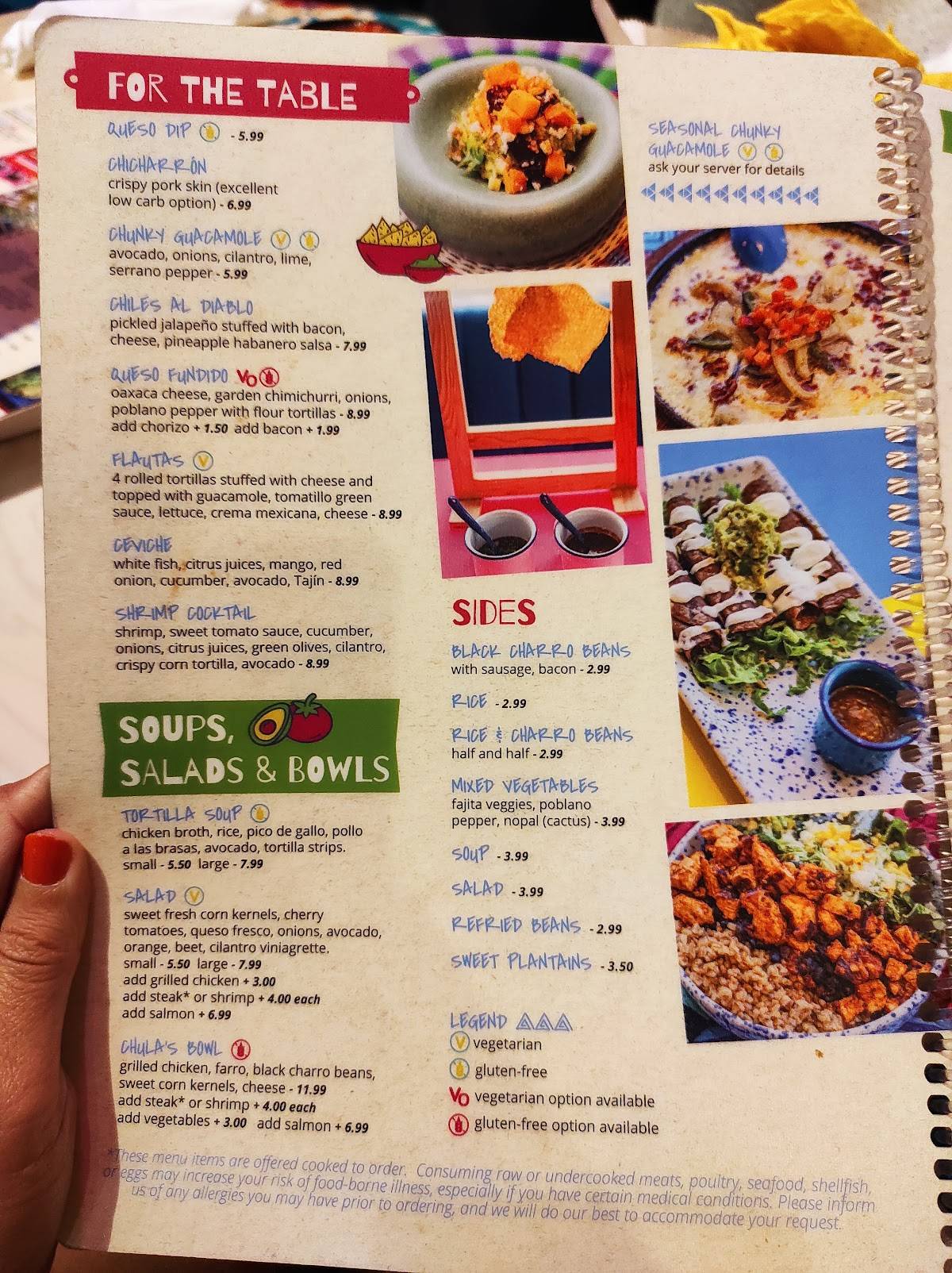 Menu at Que Chula Craft Tacos & Tequila Bar, Chapel Hill