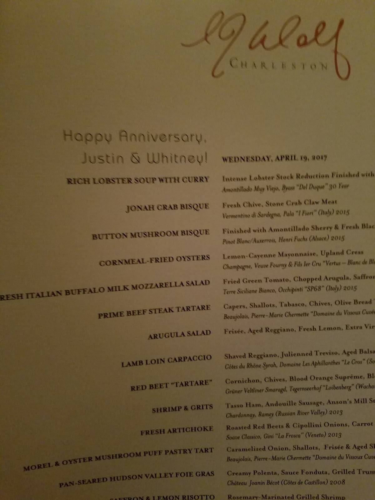 Menu at Charleston restaurant, Baltimore