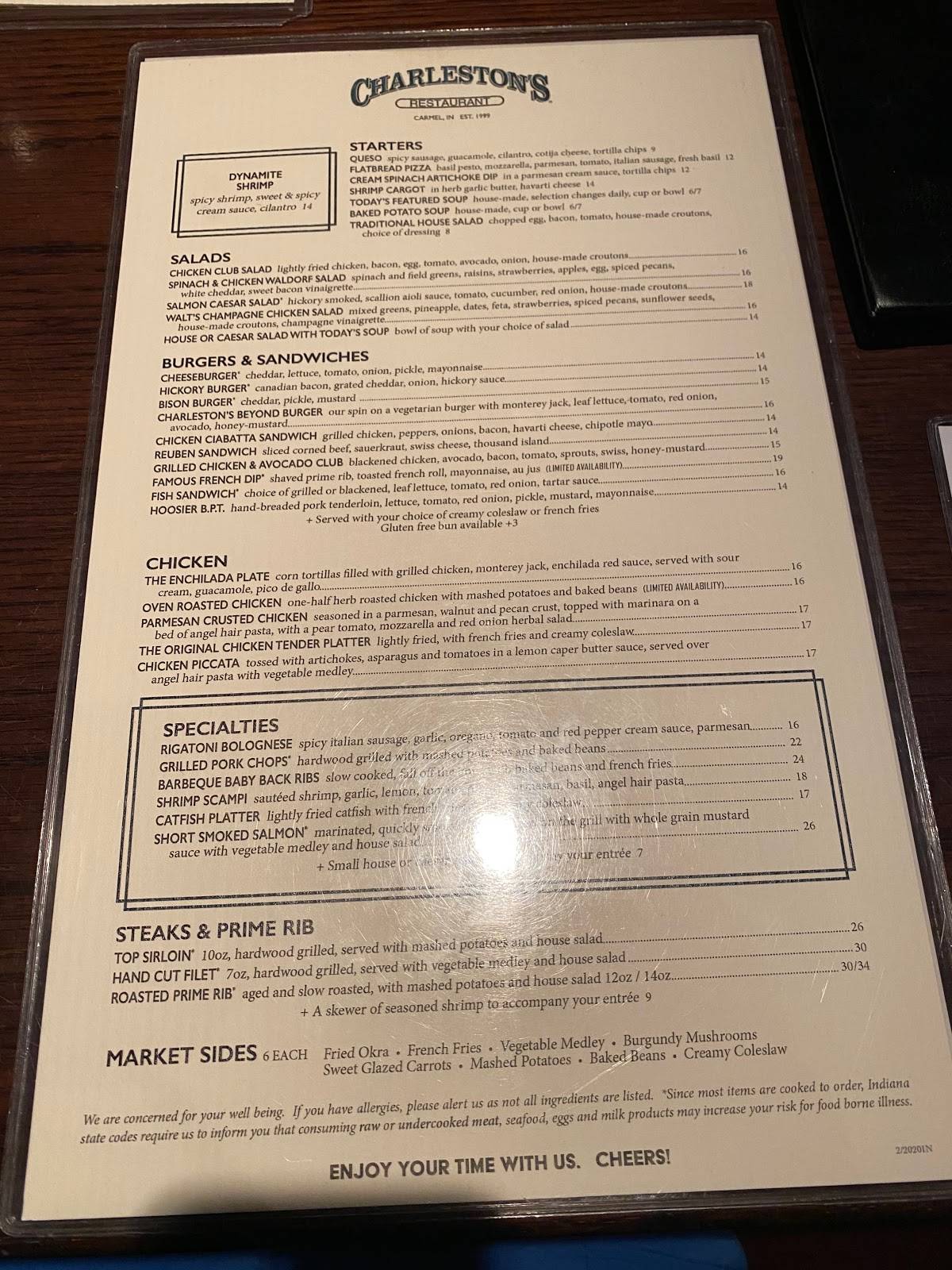 Menu at Charleston's Restaurant, Carmel, Greyhound Plaza