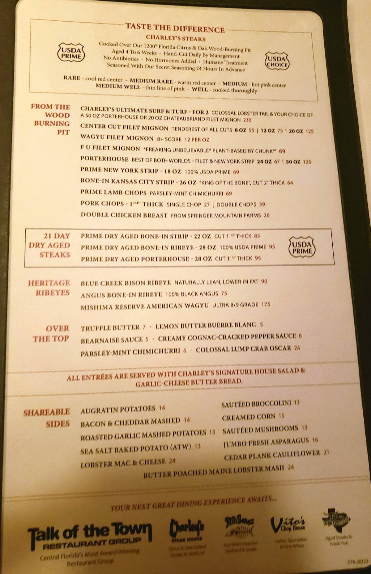 Menu at Charley's Steak House steakhouse, Tampa