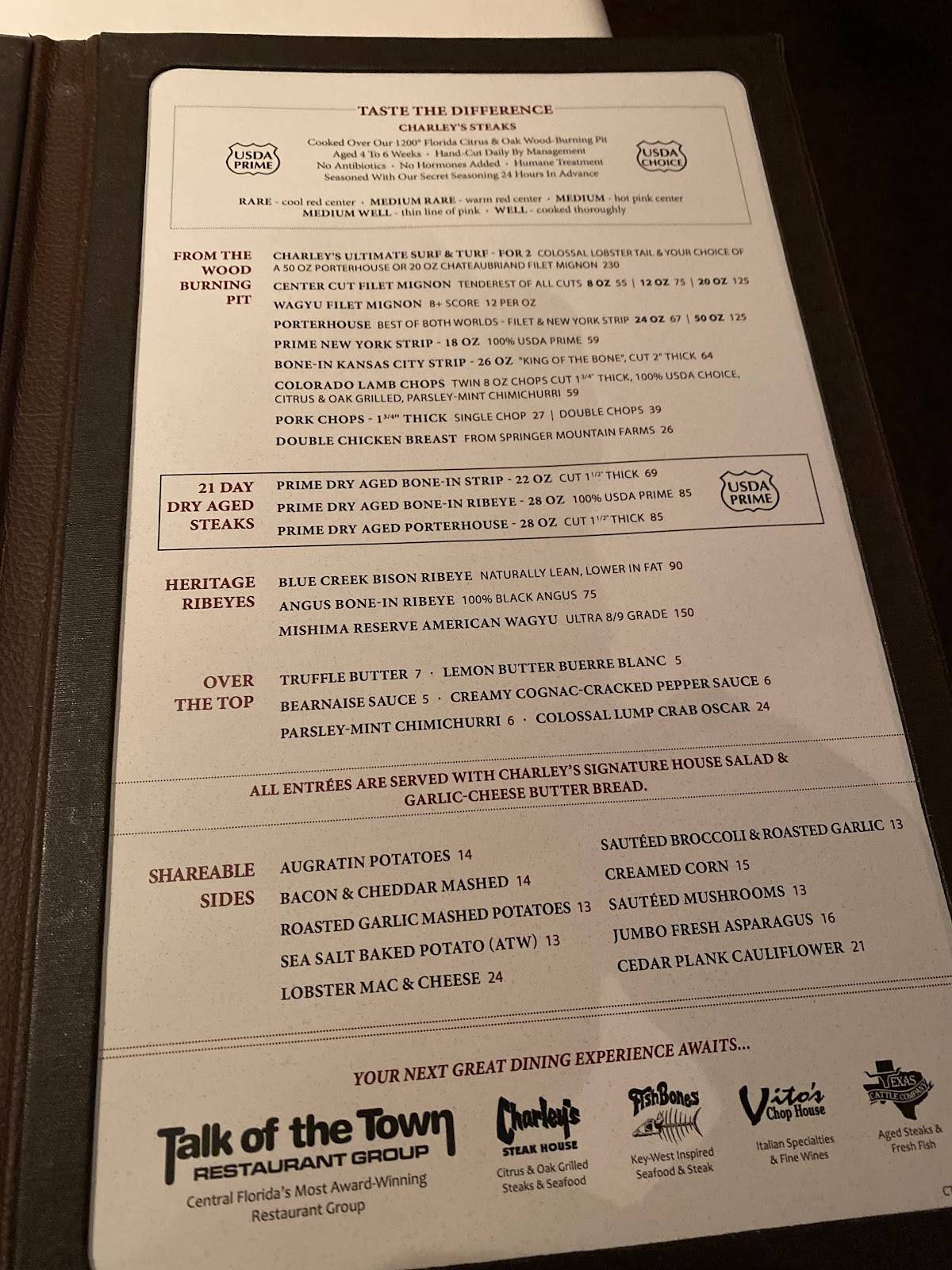 Menu at Charley's Steak House steakhouse, Tampa