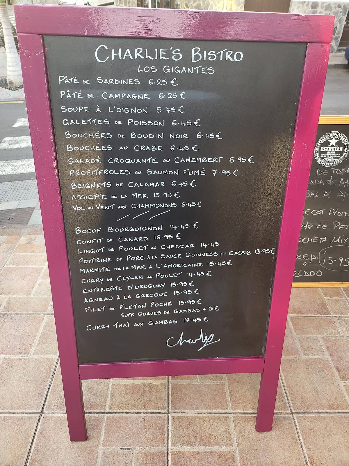 Menu at Charlie's Bistro los Gigantes restaurant, Acantilados de los ...