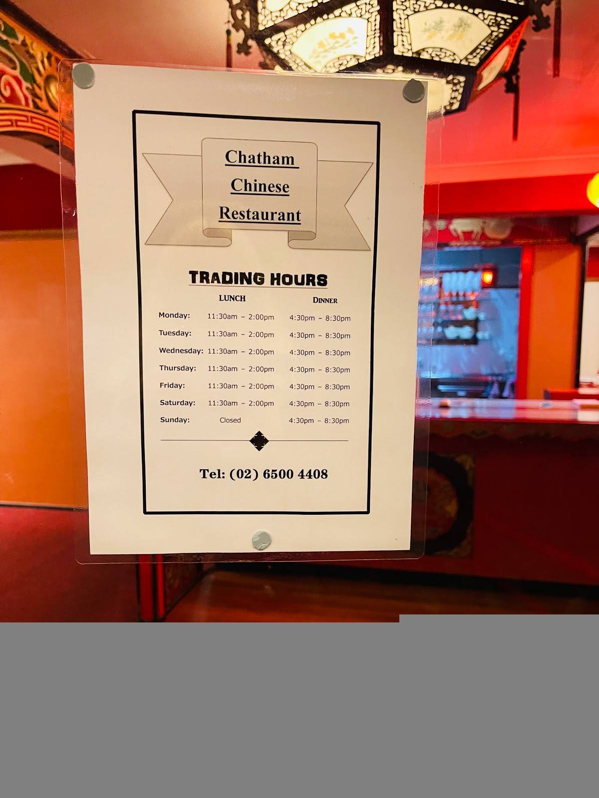 Menu at Chatham Chinese Restaurant, Taree