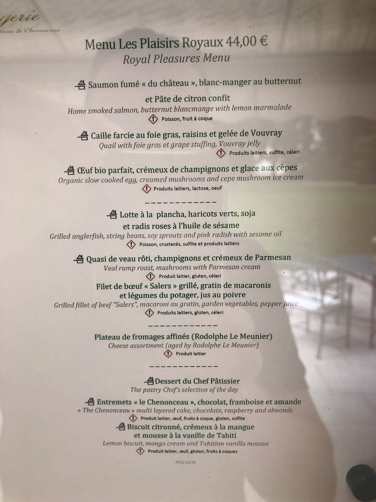 Menu au L'Orangerie restaurant, Chenonceaux, Château de Chenonceau