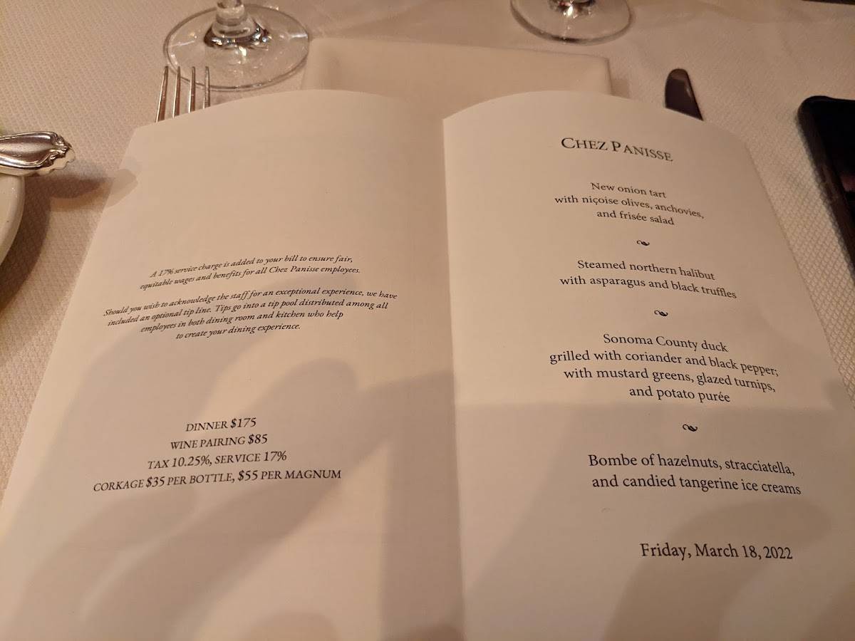 Menu at Chez Panisse restaurant, Berkeley, Shattuck Ave.