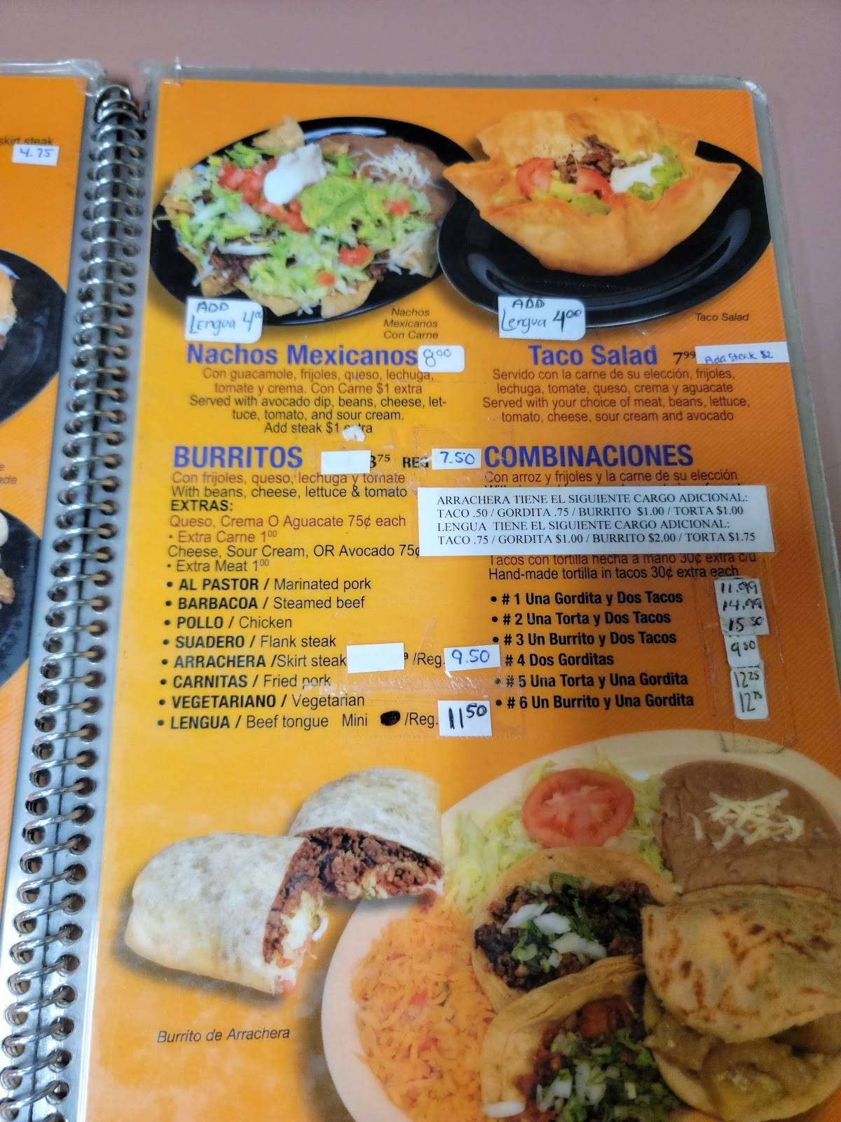 Menu at Carniceria y Taqueria Aguascalientes restaurant, Chicago, W 26th St