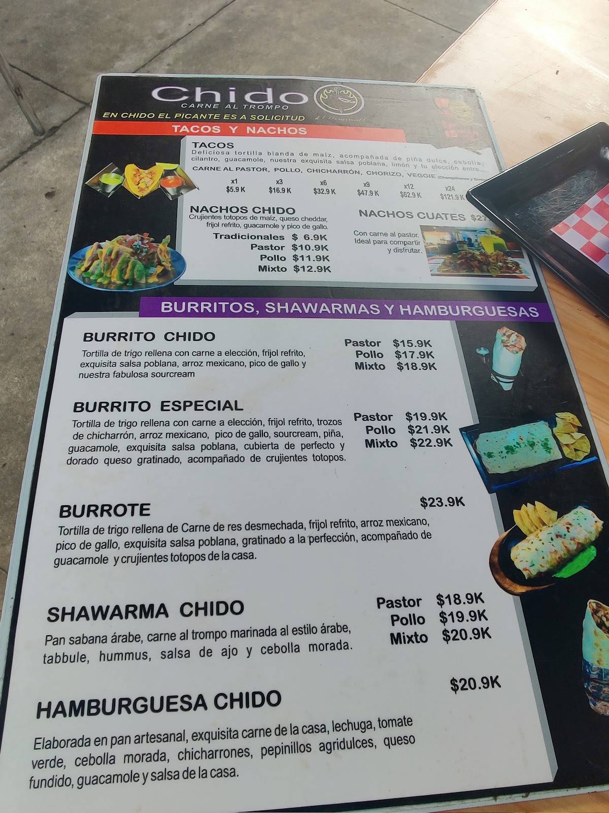 Carta del restaurante Chido Carne al Trompo, Colombia
