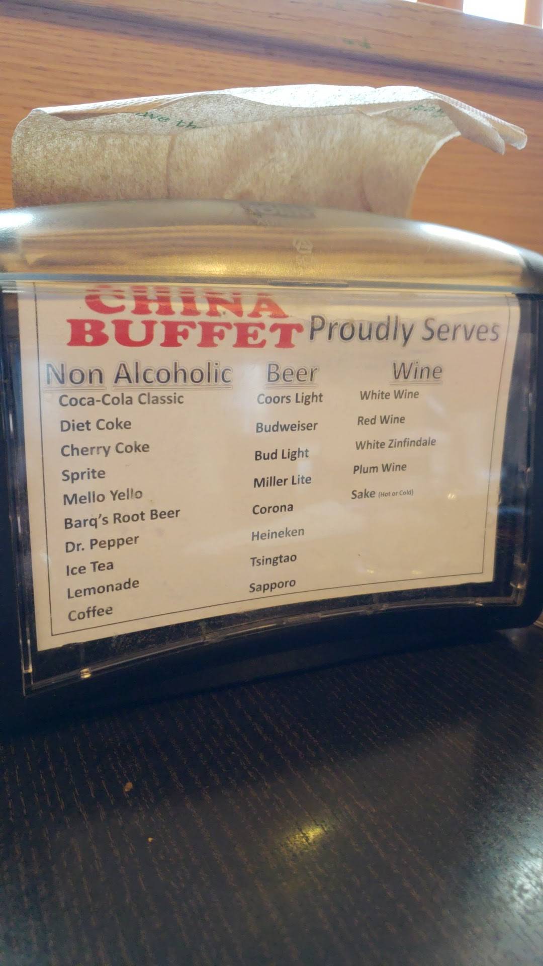 Menu at China Buffet restaurant, Cheyenne
