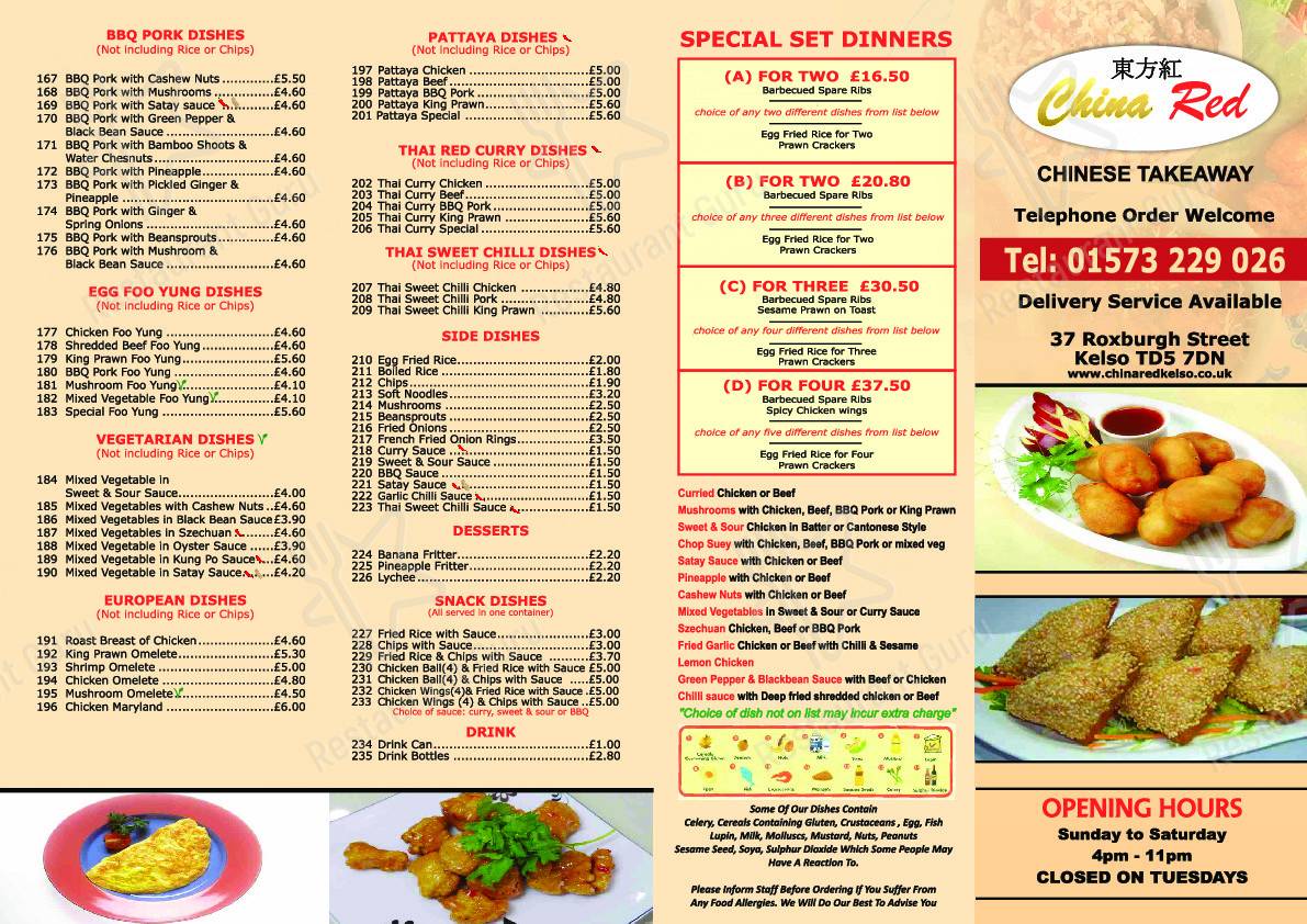 Menu at China Red fast food, Kelso