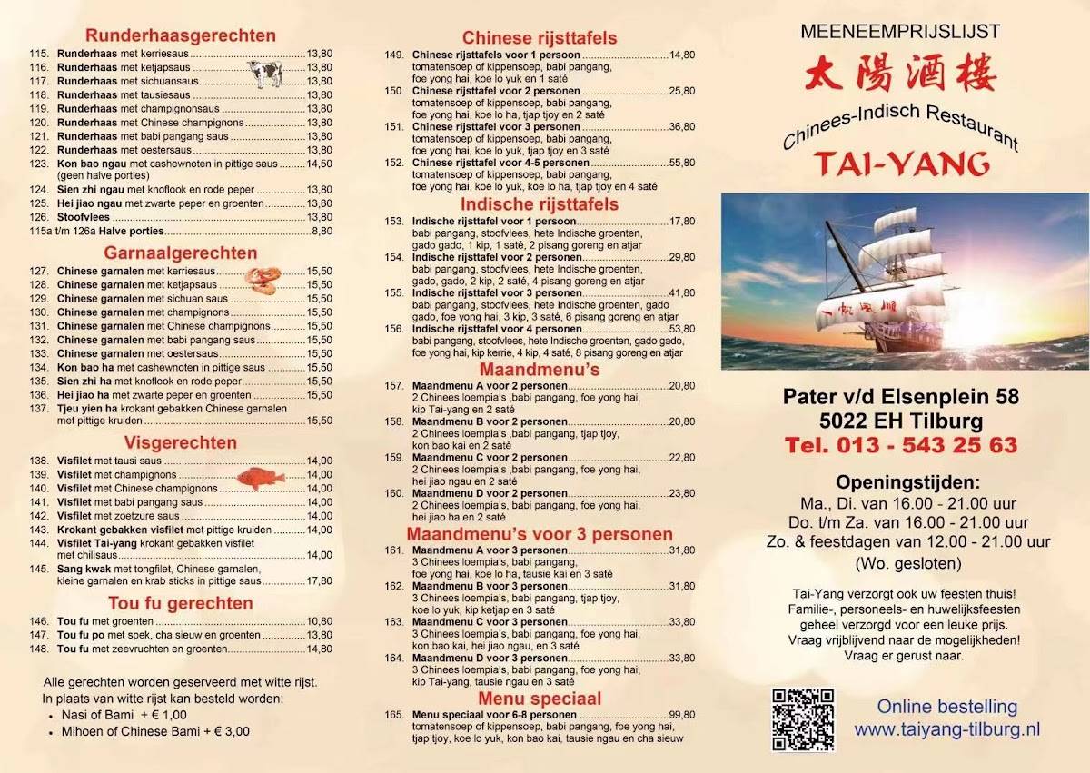 Menu at Chinees-Indisch Restaurant Tai-Yang, Tilburg