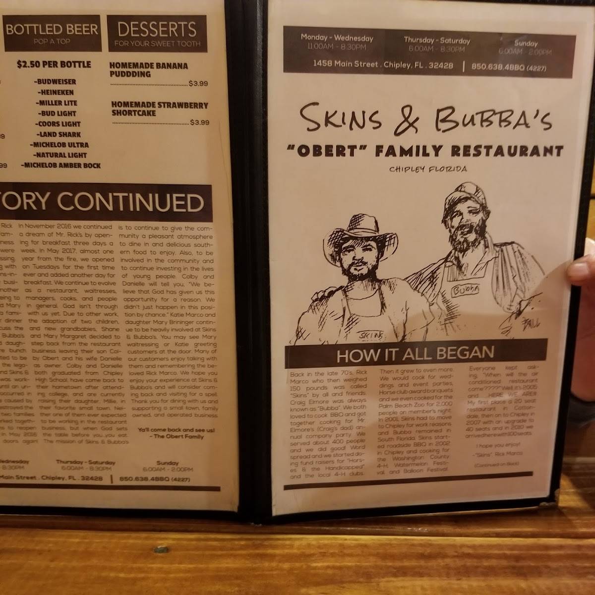 Menu at Skins & Bubbas BBQ, Chipley