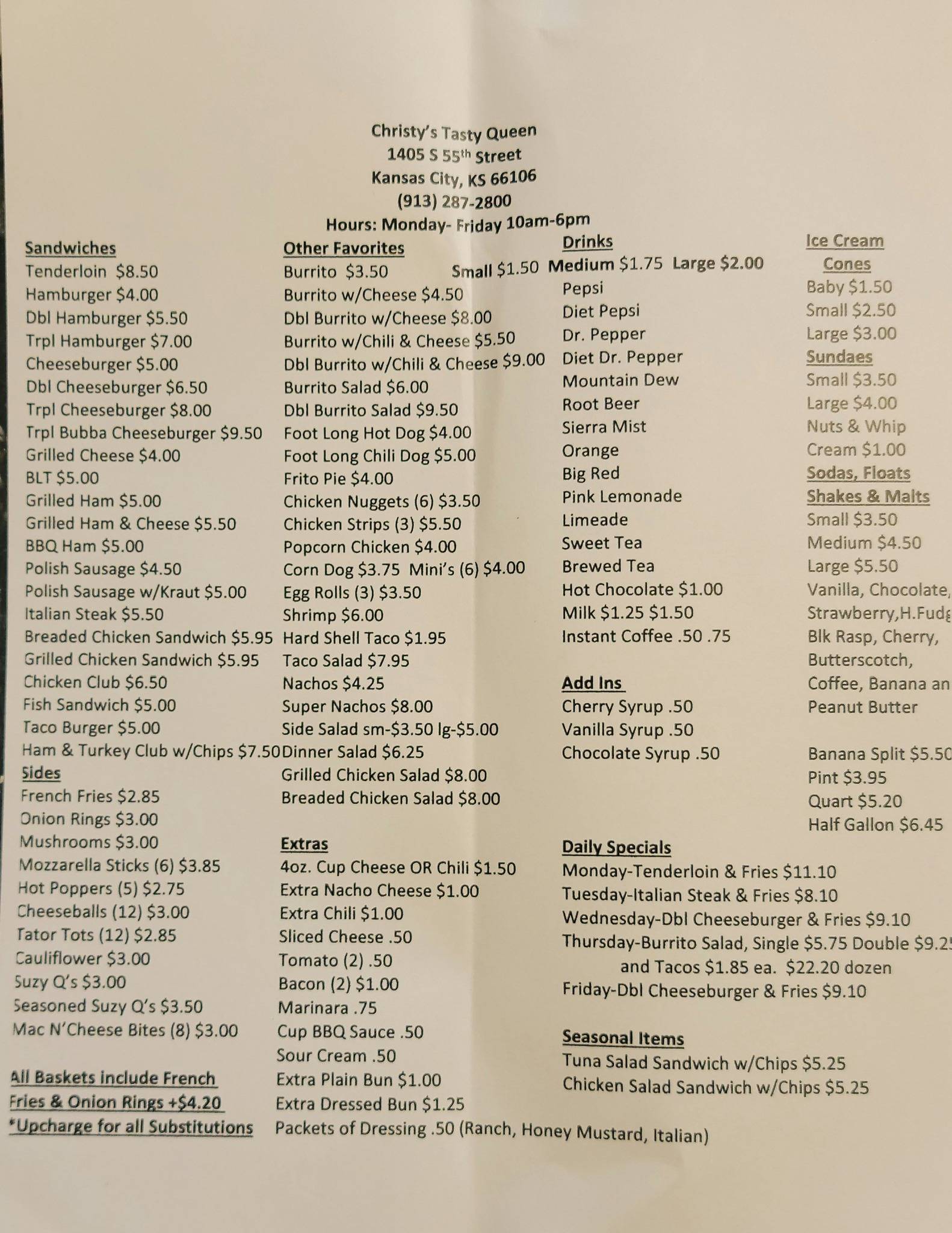 Menu at Christy's Tasty Queen restaurant, Kansas City