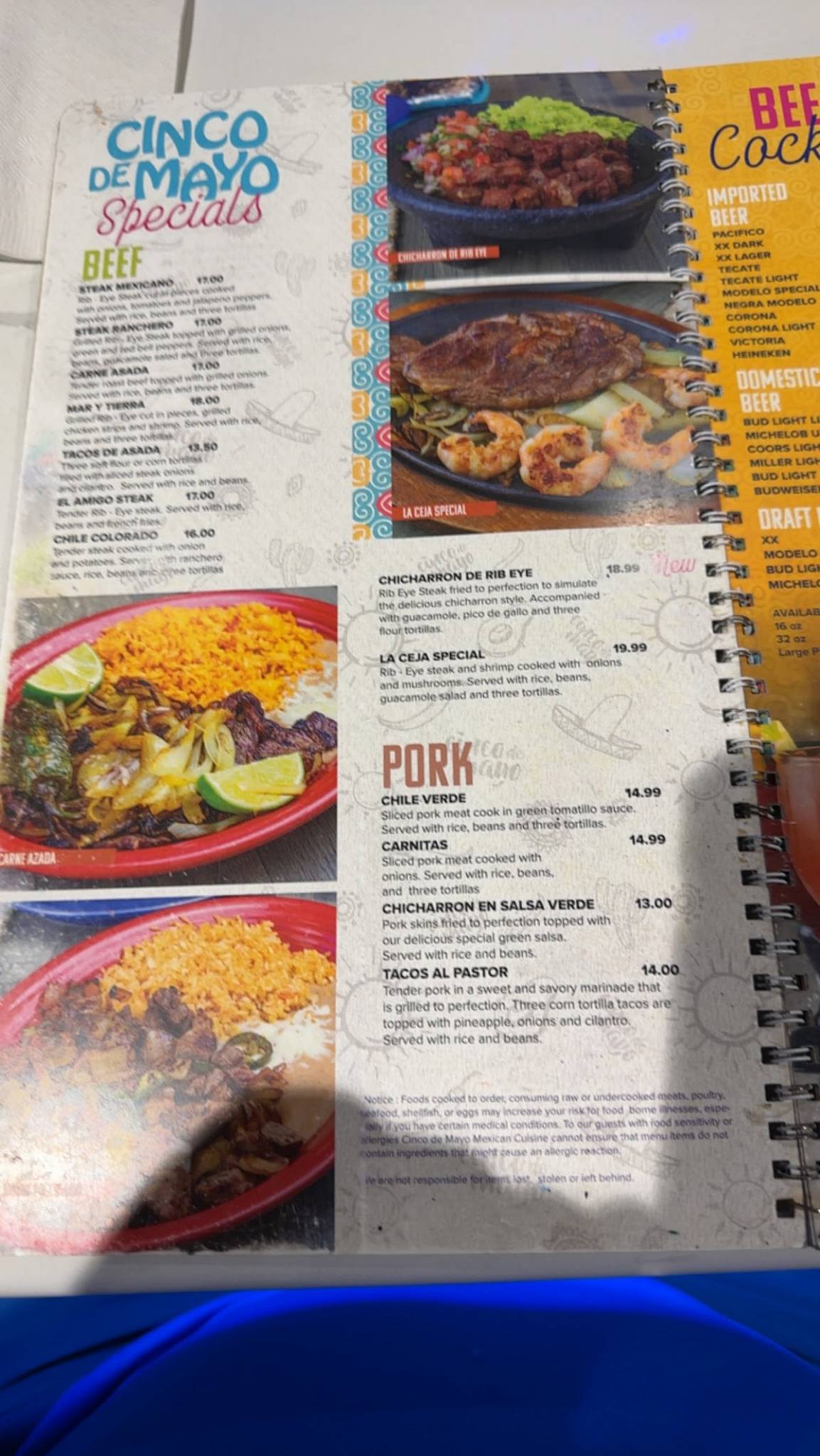 Menu at Cinco de Mayo Mexican Cuisine restaurant, Moncks Corner