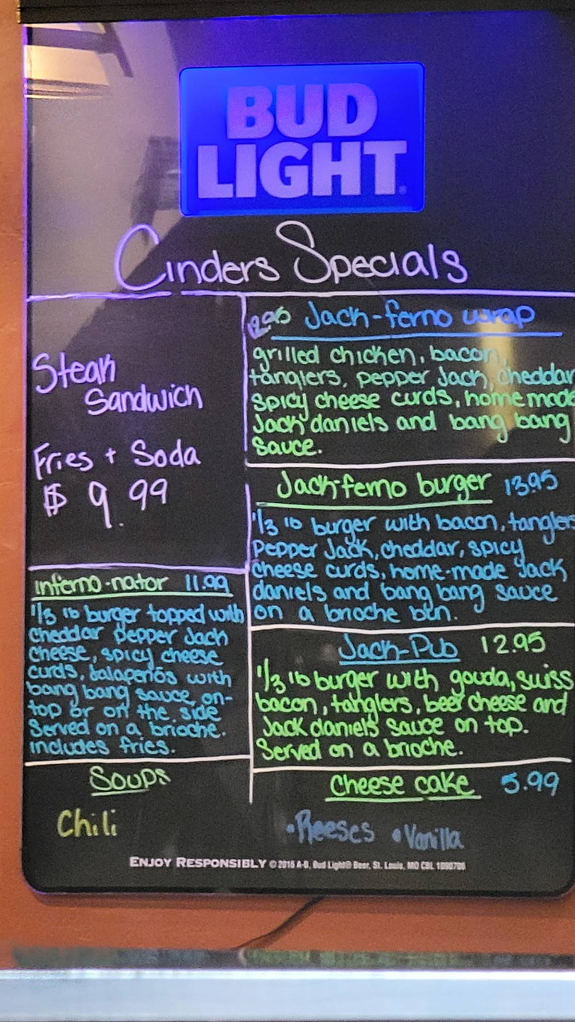 Menu at Cinders Charcoal Grill restaurant, Oshkosh