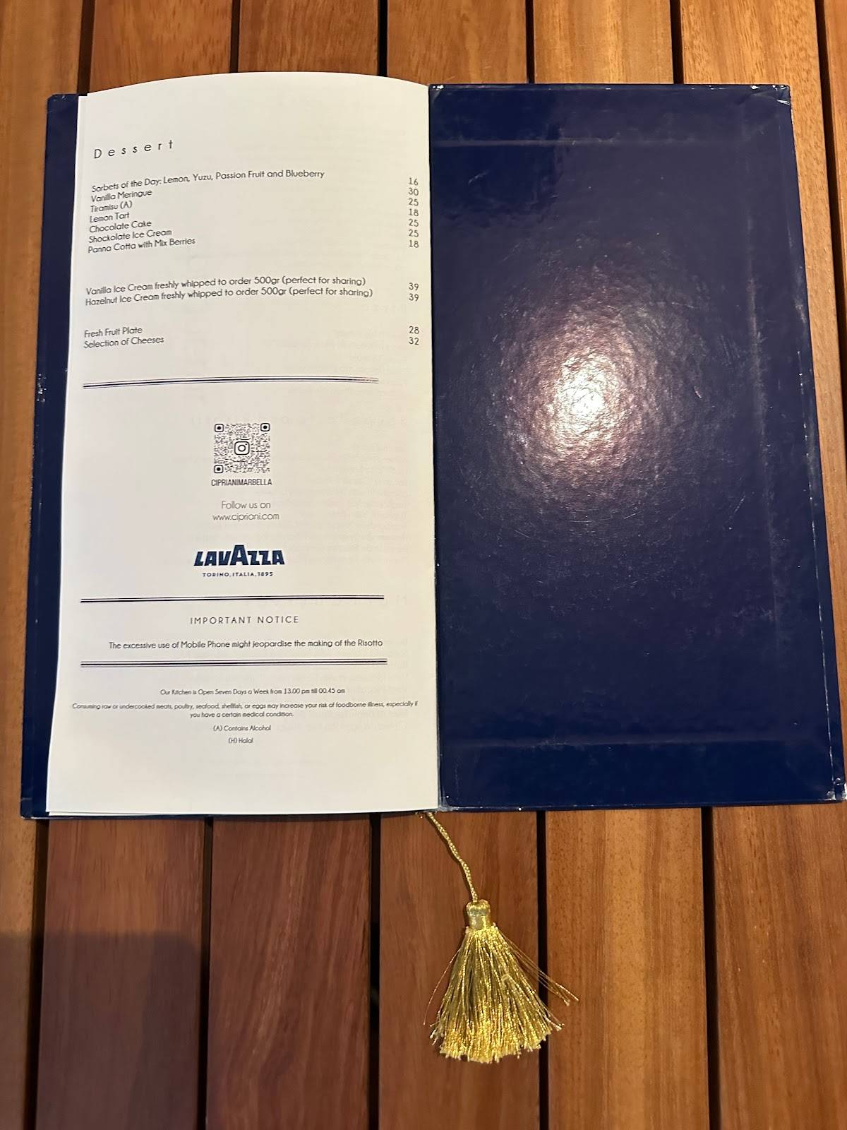 Menu at Cipriani Marbella restaurant, Marbella