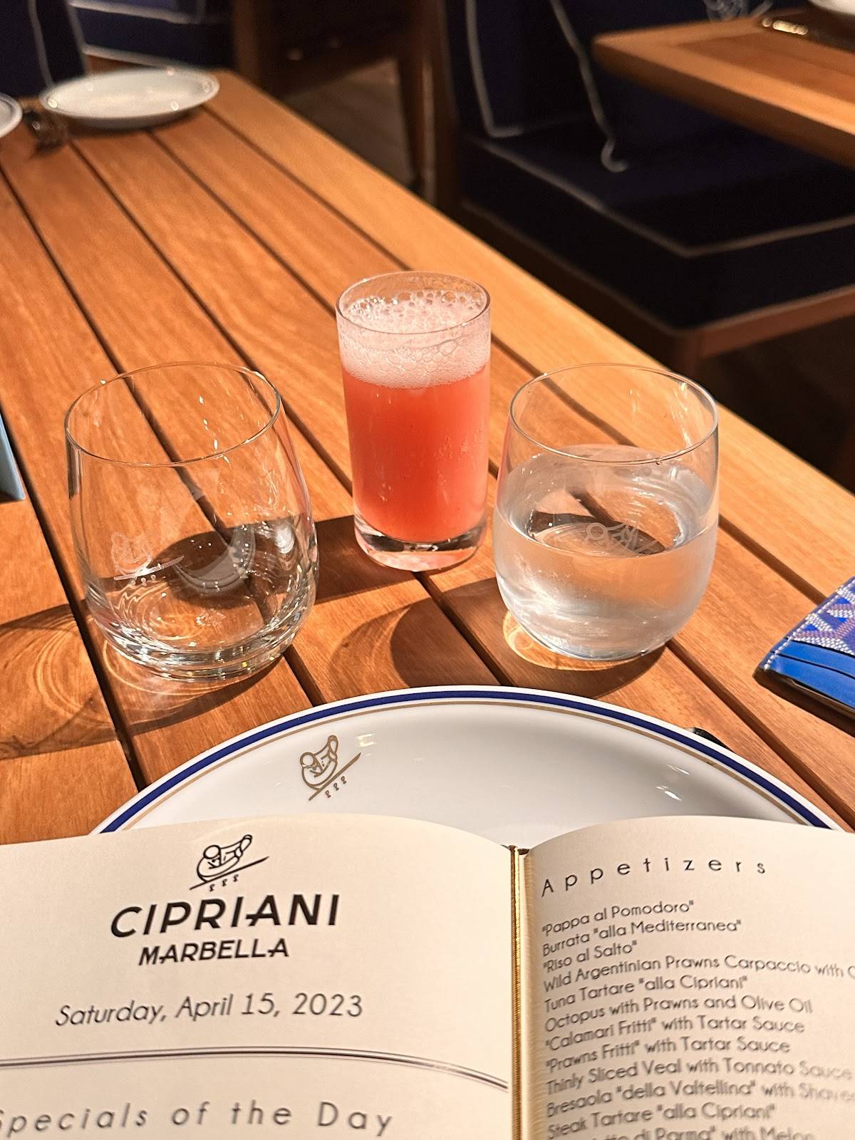 Menu at Cipriani Marbella restaurant, Marbella