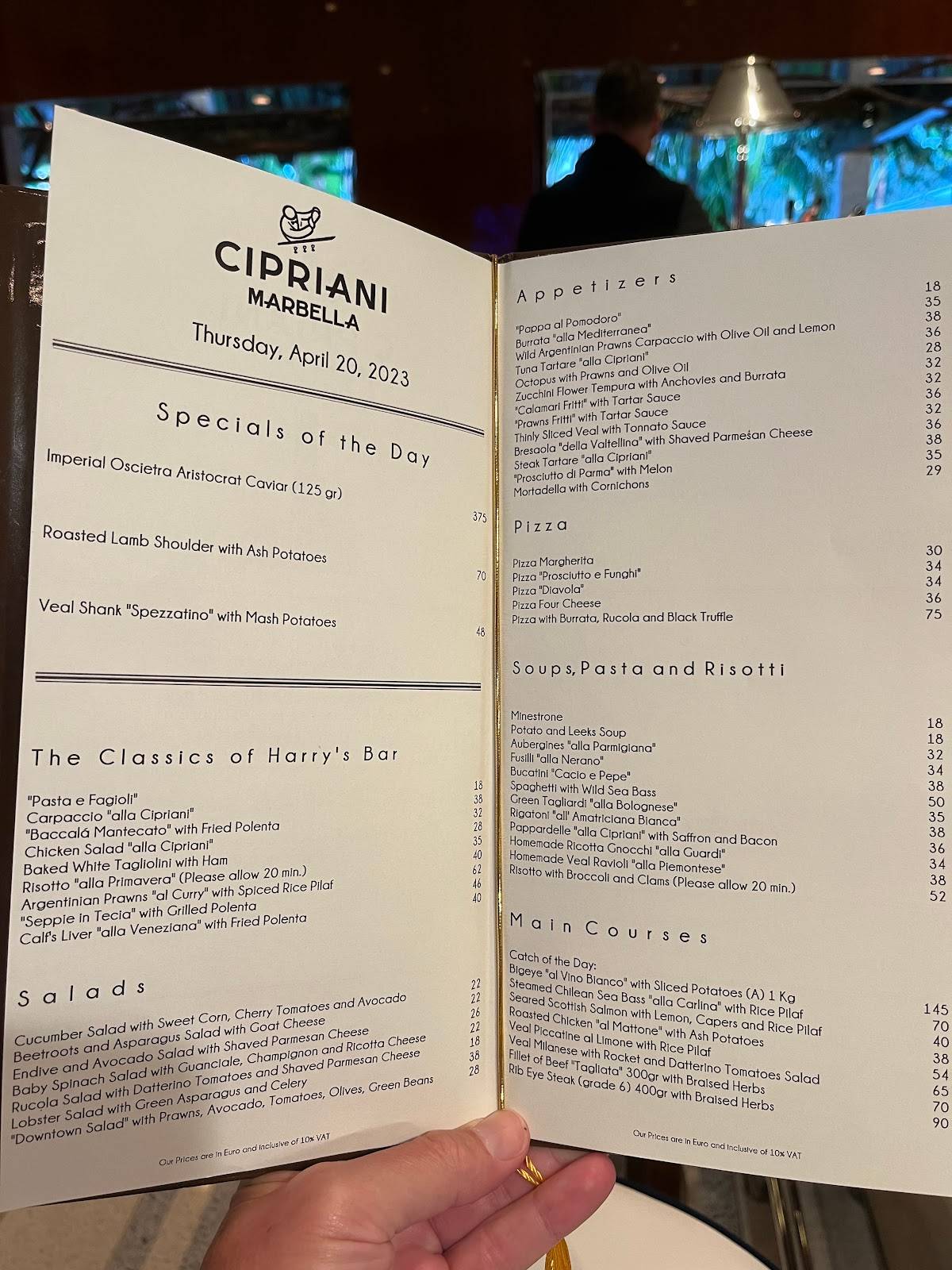 Menu at Cipriani Marbella restaurant, Marbella