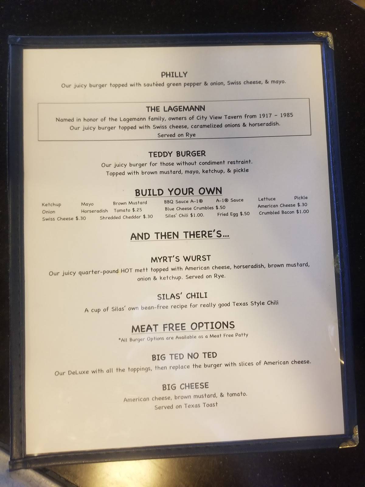 Menu at City View Tavern pub & bar, Cincinnati