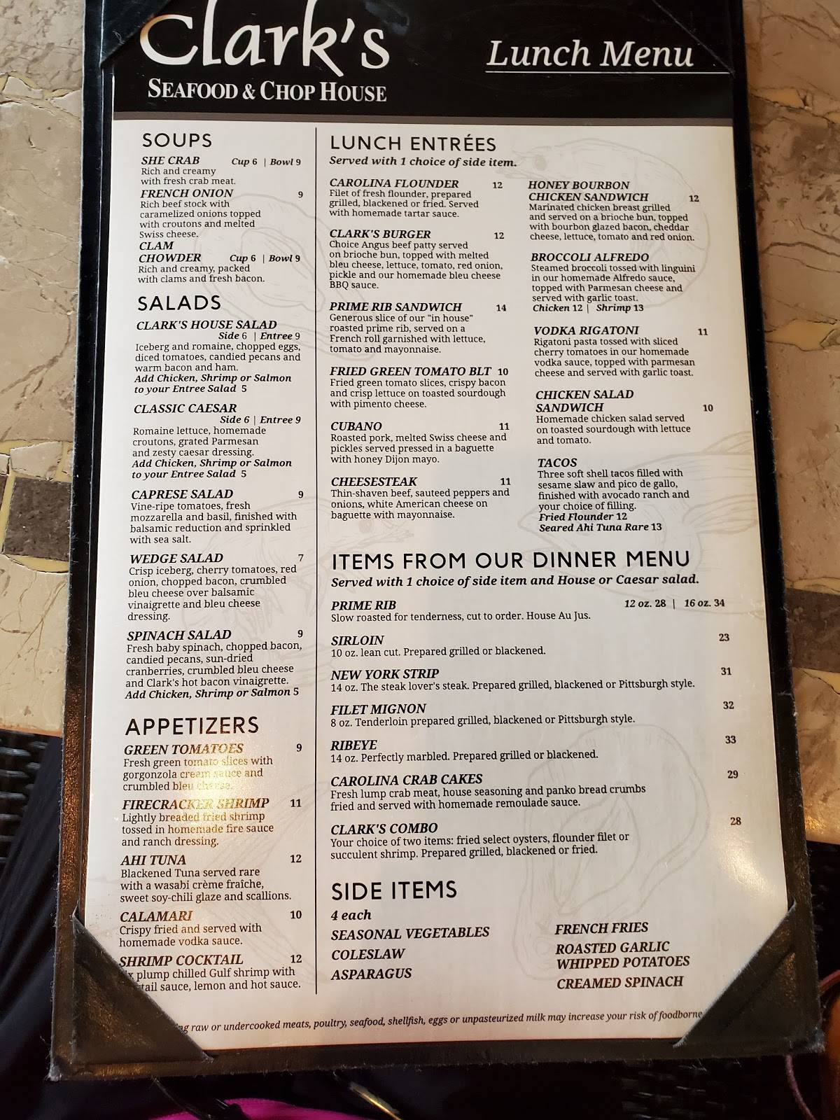 Menu at Clark's Seafood and Chop House pub & bar, Little River, 720 Hwy 17