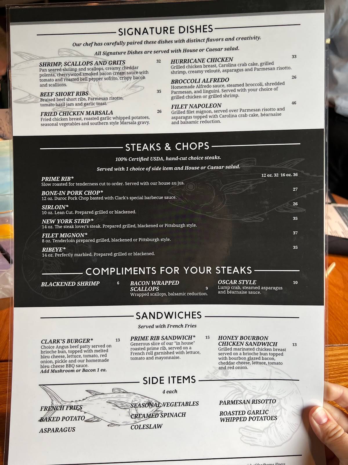 Menu at Clark's Seafood and Chop House pub & bar, Little River, 720 Hwy 17