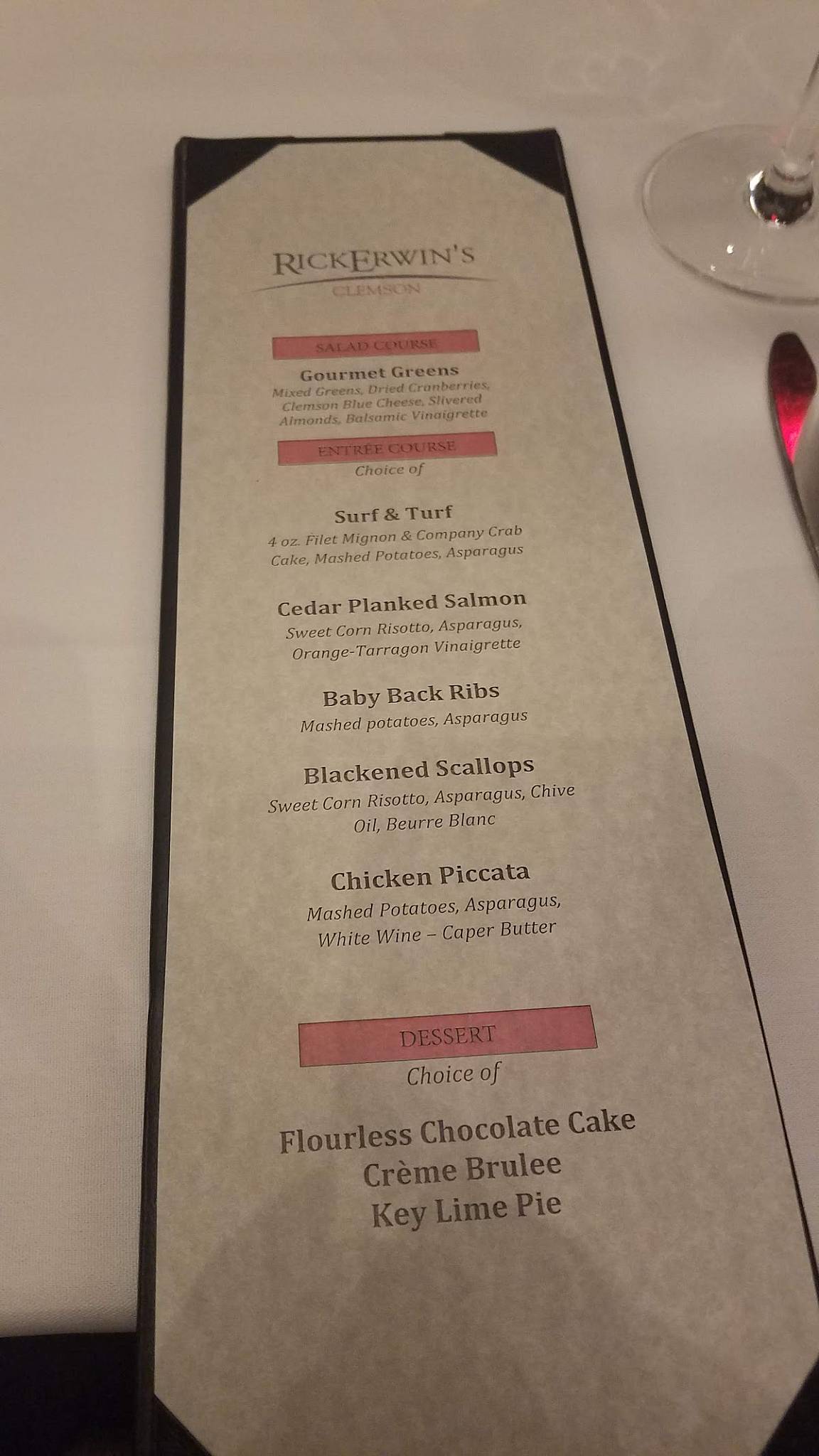 Menu at Rick Erwin's Clemson steakhouse, Clemson
