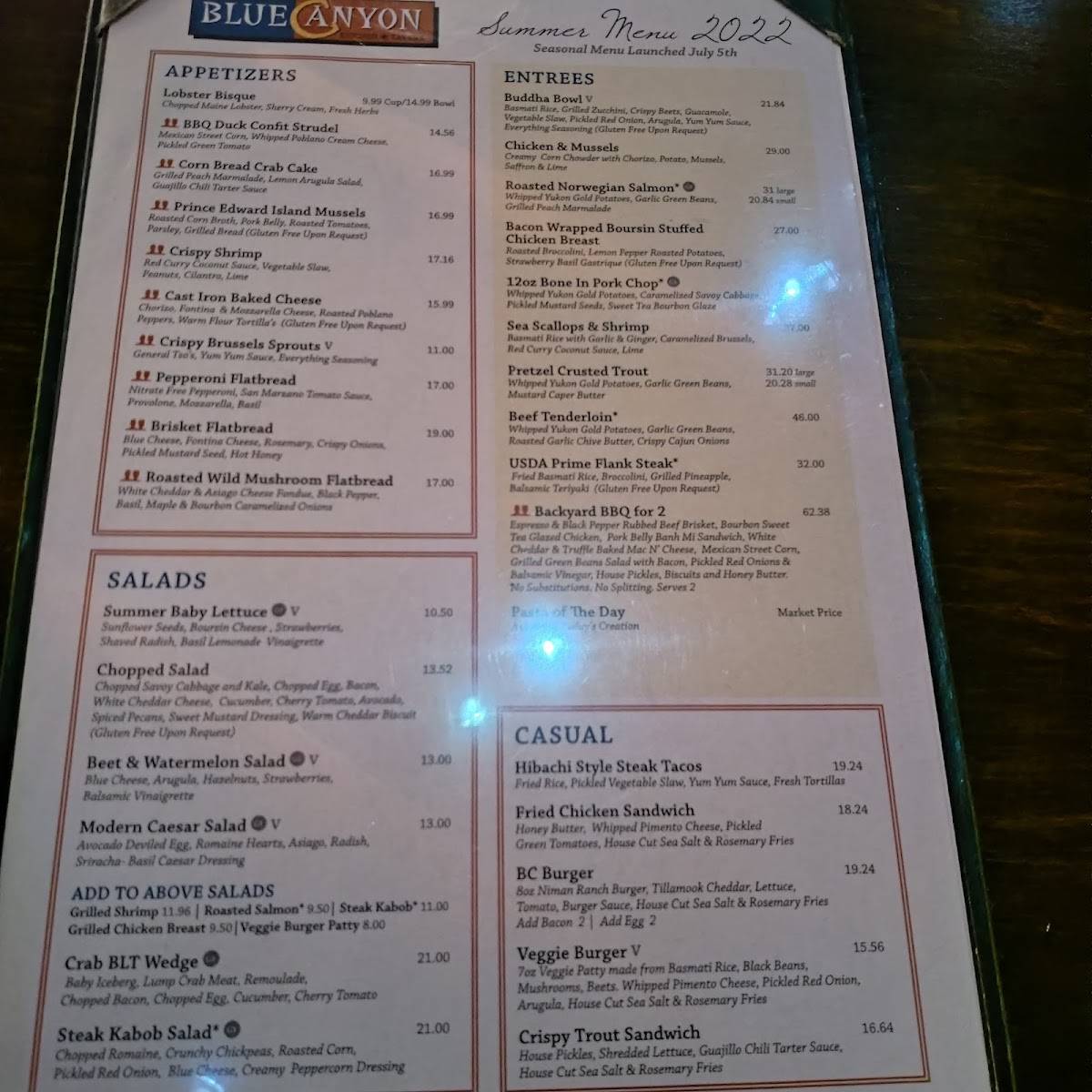 Menu at Blue Canyon Kitchen & Tavern restaurant, Twinsburg