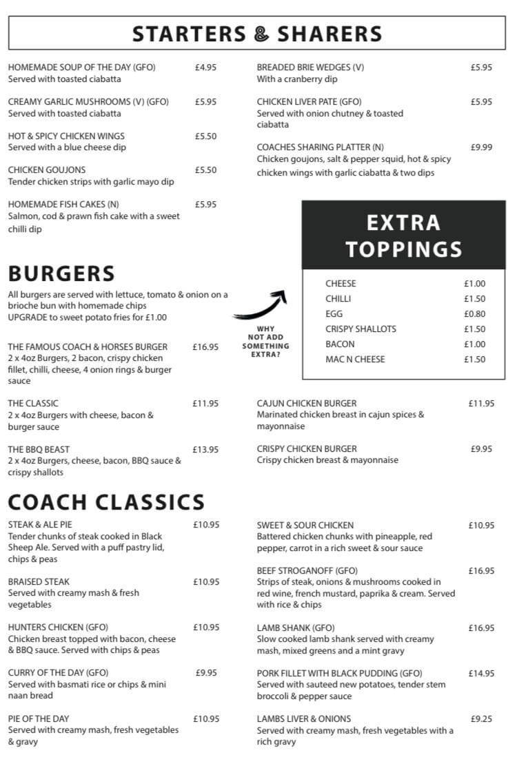 Menu at Coach & Horses pub & bar, Crewe