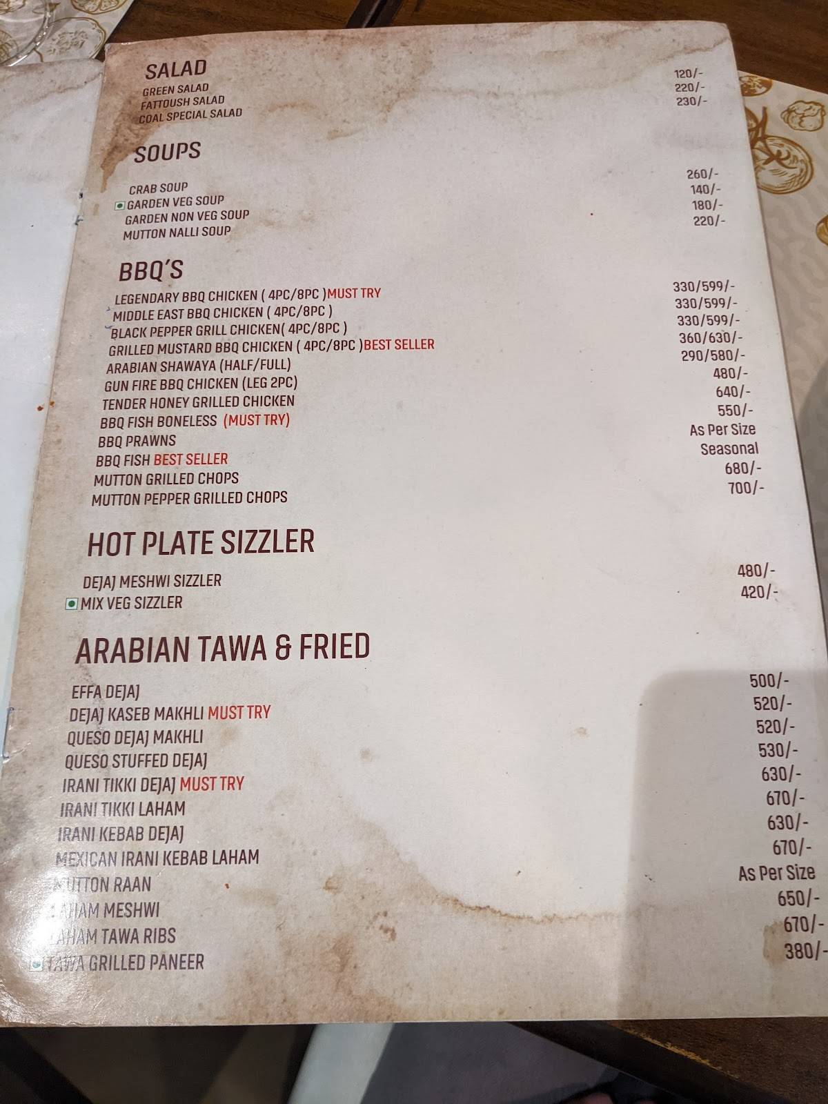 Menu at CoalSpark Restaurant, Hyderabad