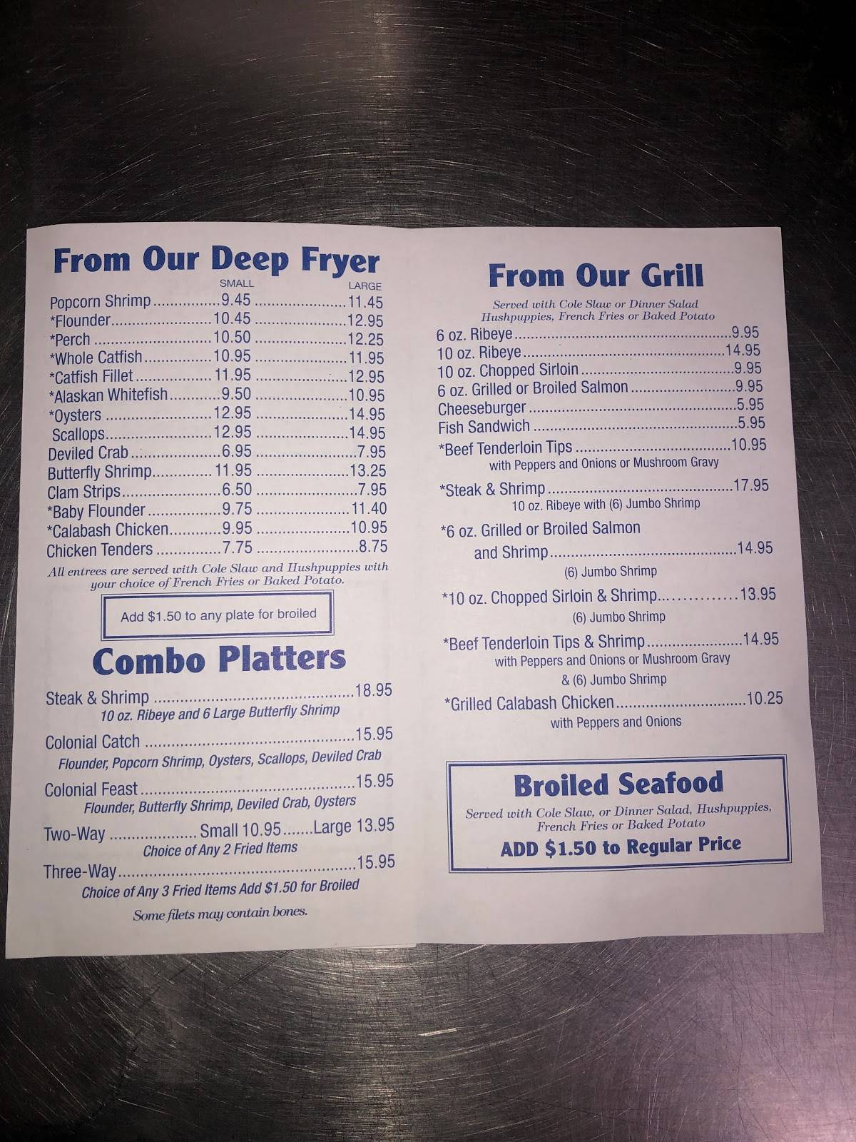 Menu at Colonial Fish Camp restaurant, Gaffney