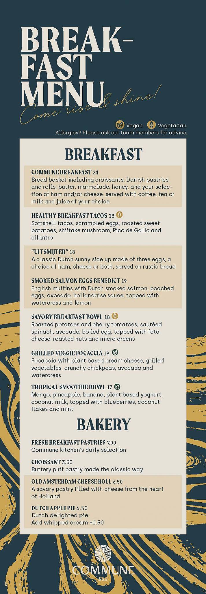 Menu at Commune Restaurant, Schiphol