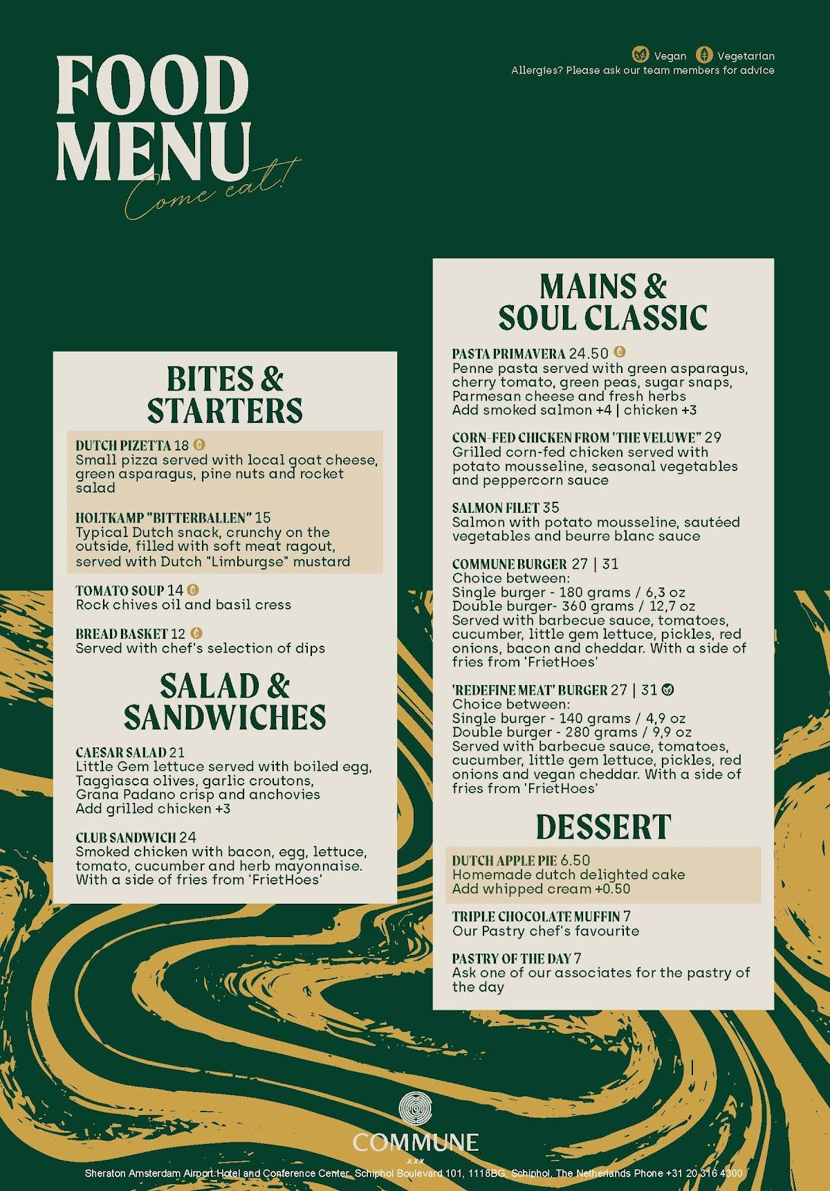 Menu at Commune Restaurant, Schiphol