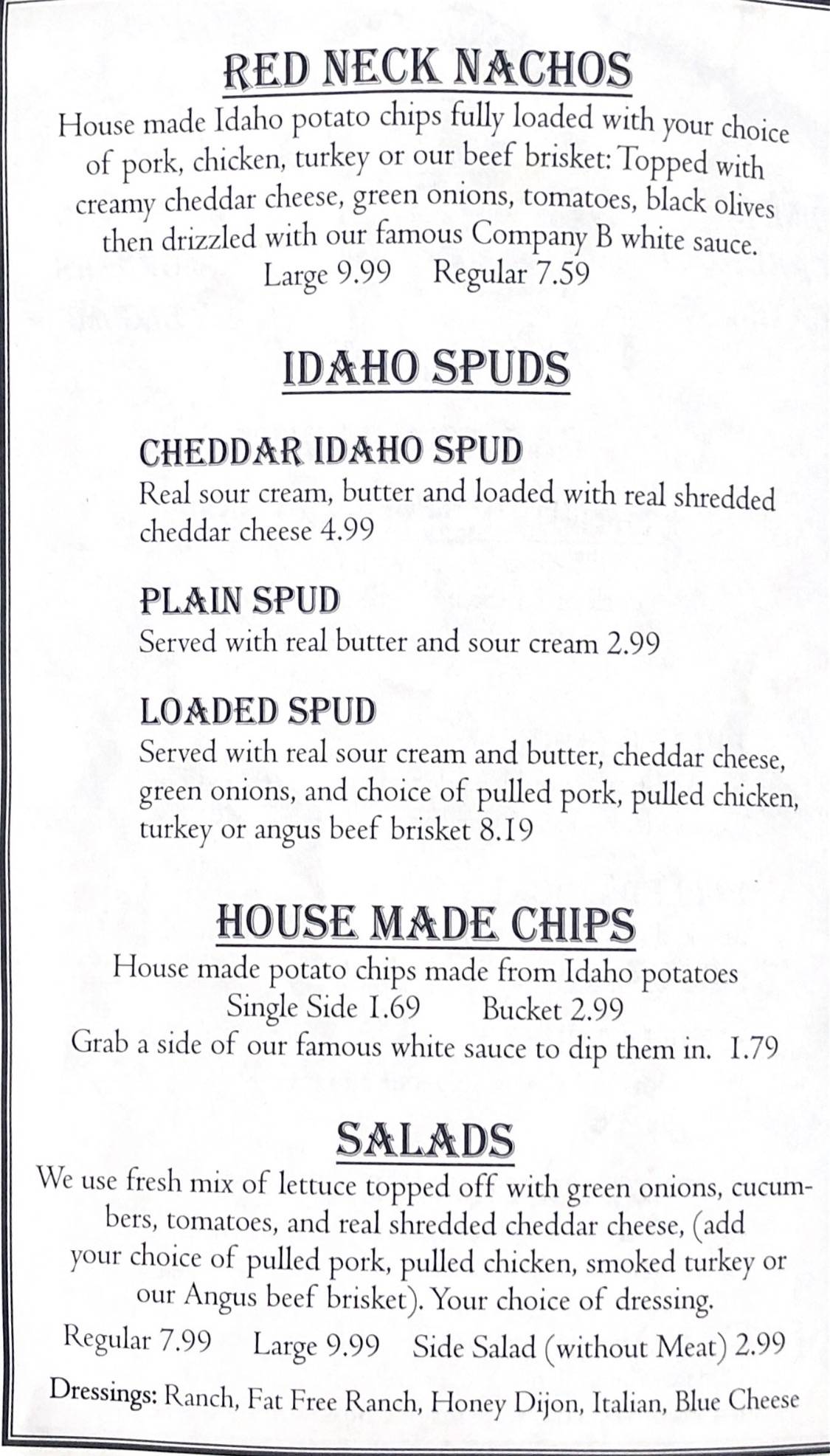 Menu at Company B Bbq, Byrnes Mill