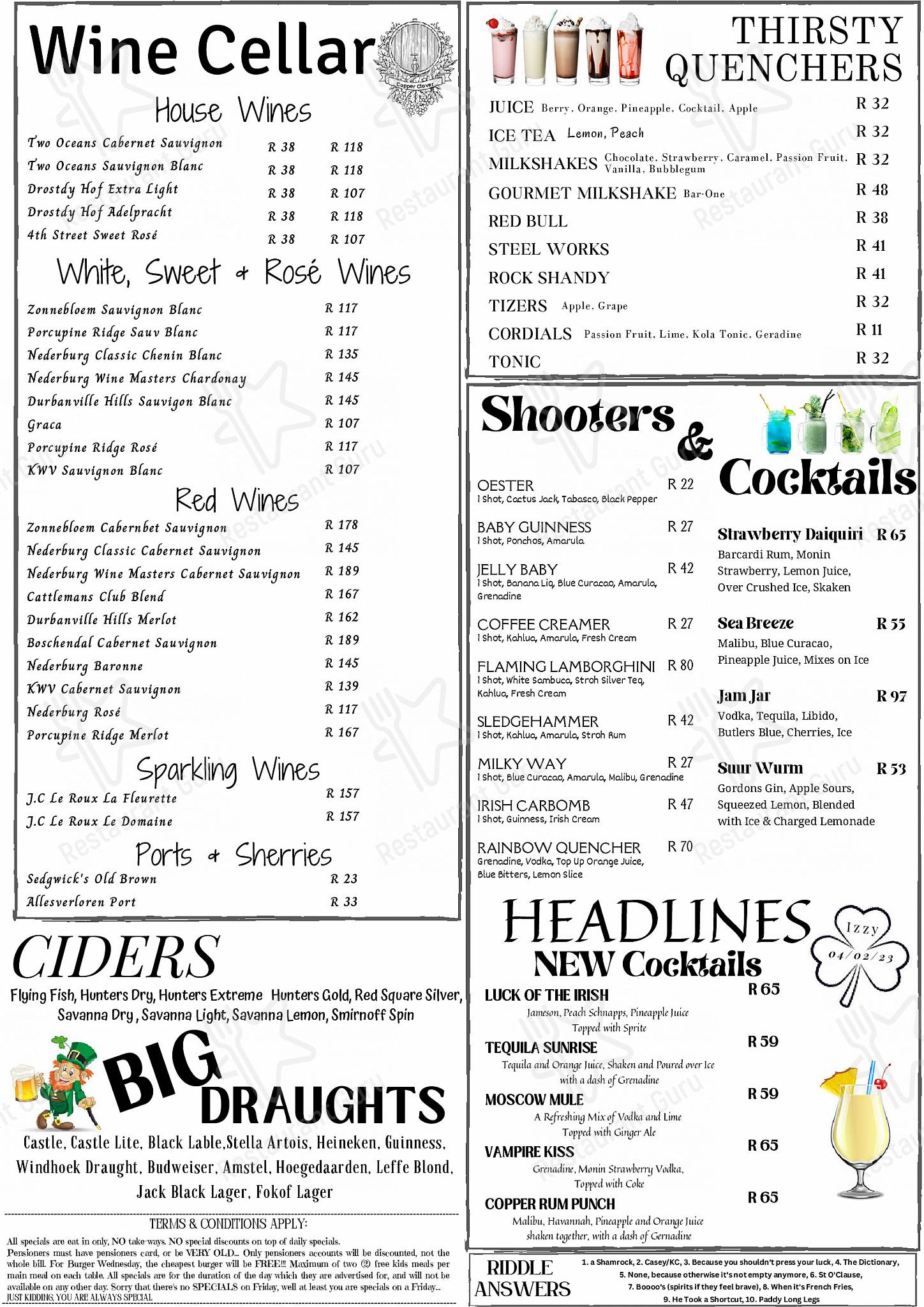 Menu at Copper Clover restaurant, Bloemfontein