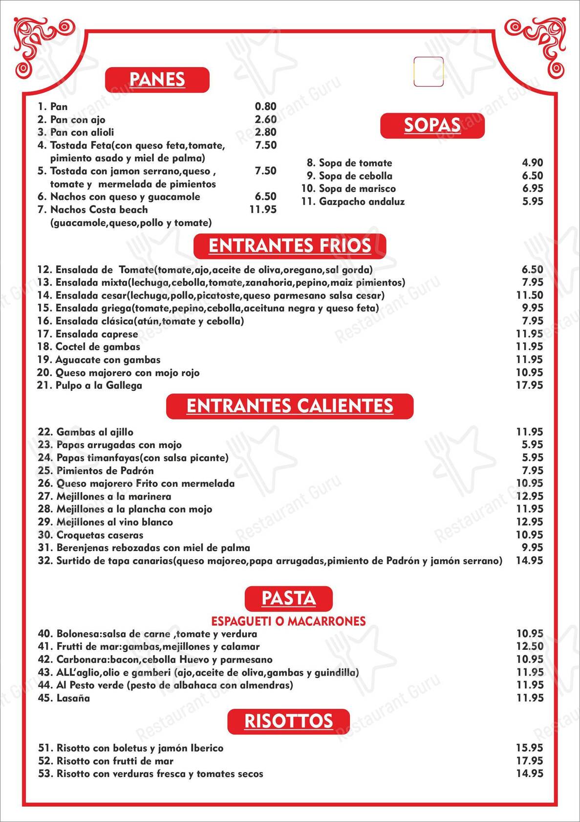 Menu at Restaurante Costa Beach, Costa Calma
