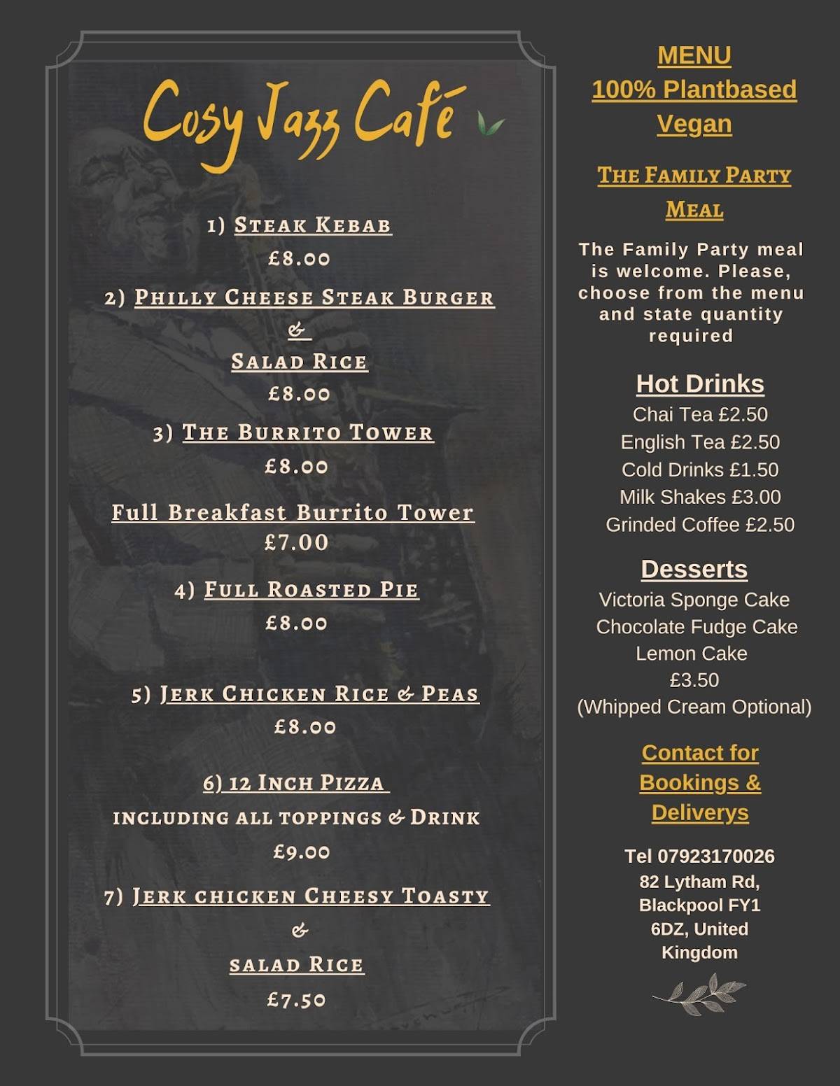 Menu at Cosy Jazz Café cafe, Blackpool