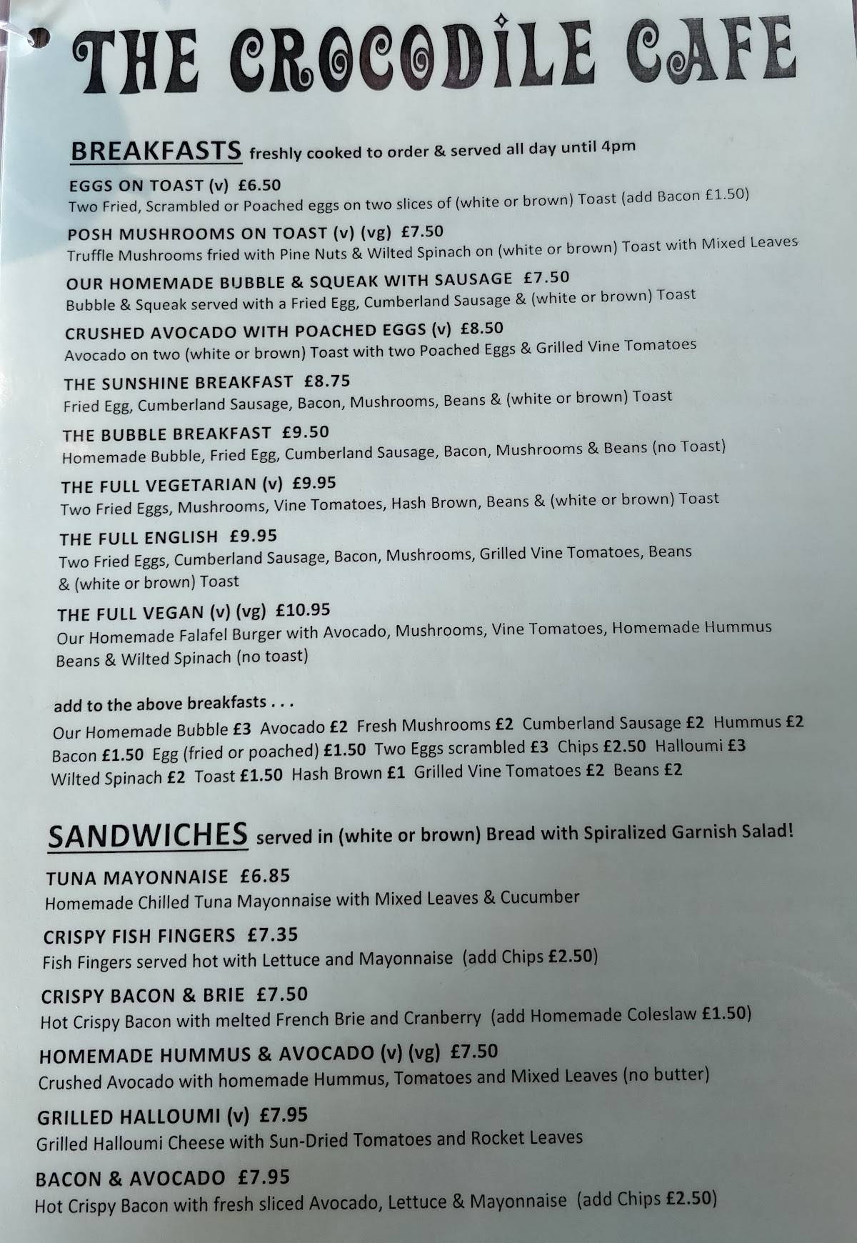 Menu at Crocodile Café London cafe, London