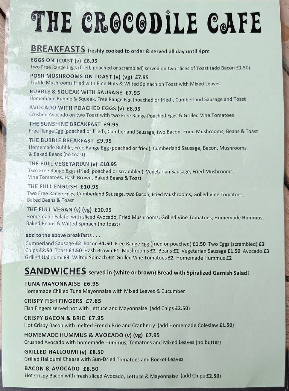 Menu at Crocodile Café London cafe, London