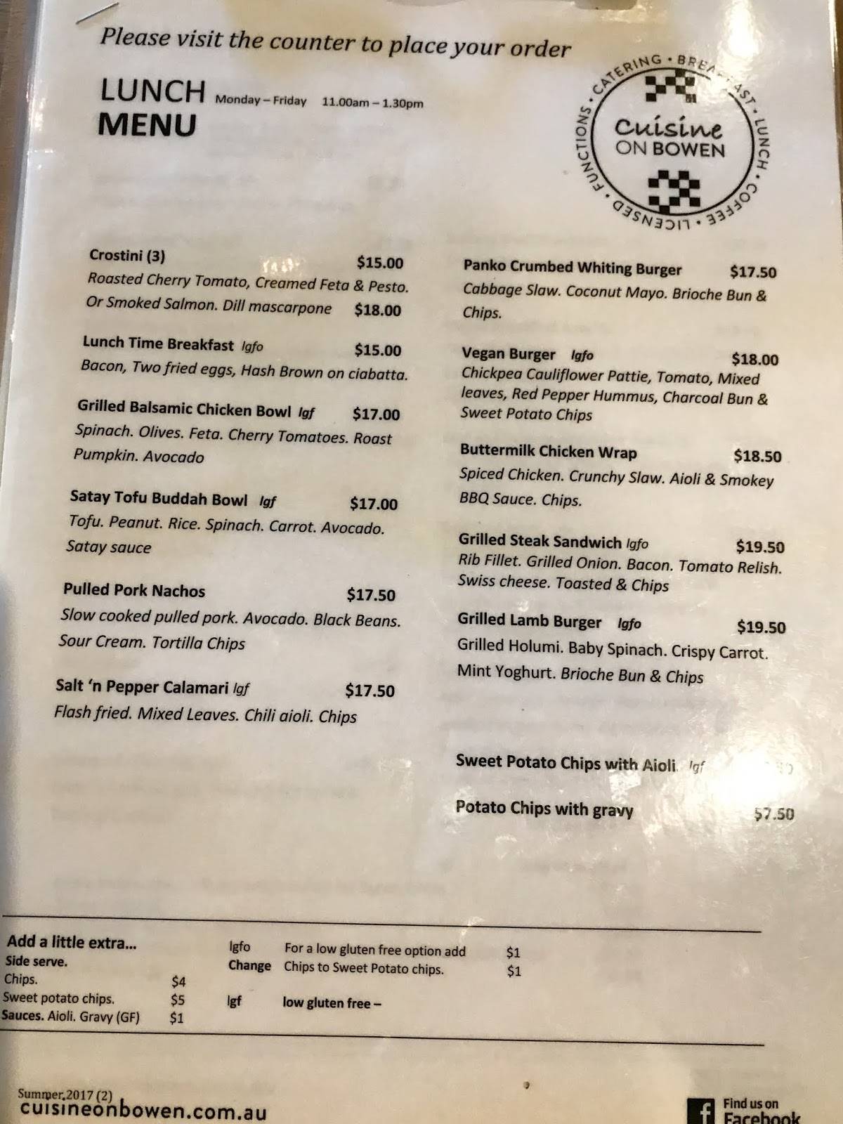 Menu at Cuisine On Bowen cafe, Townsville