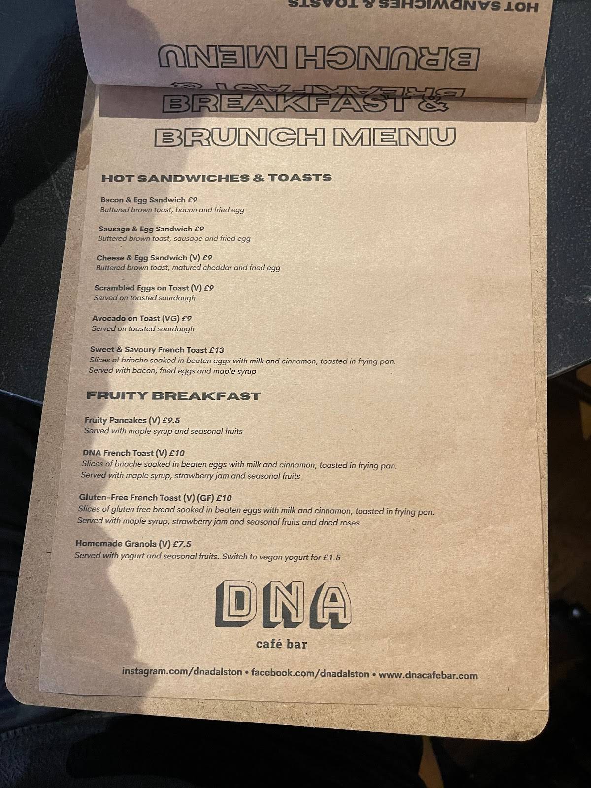 Menu at DNA Café Bar, London