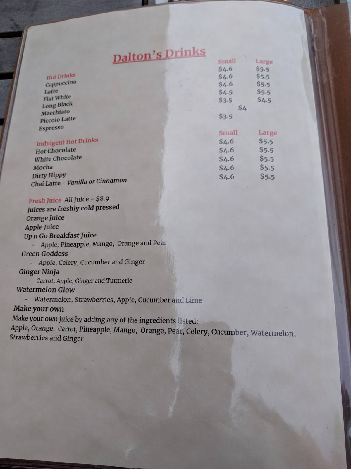 Menu at Dalton Cafe, Ulverstone