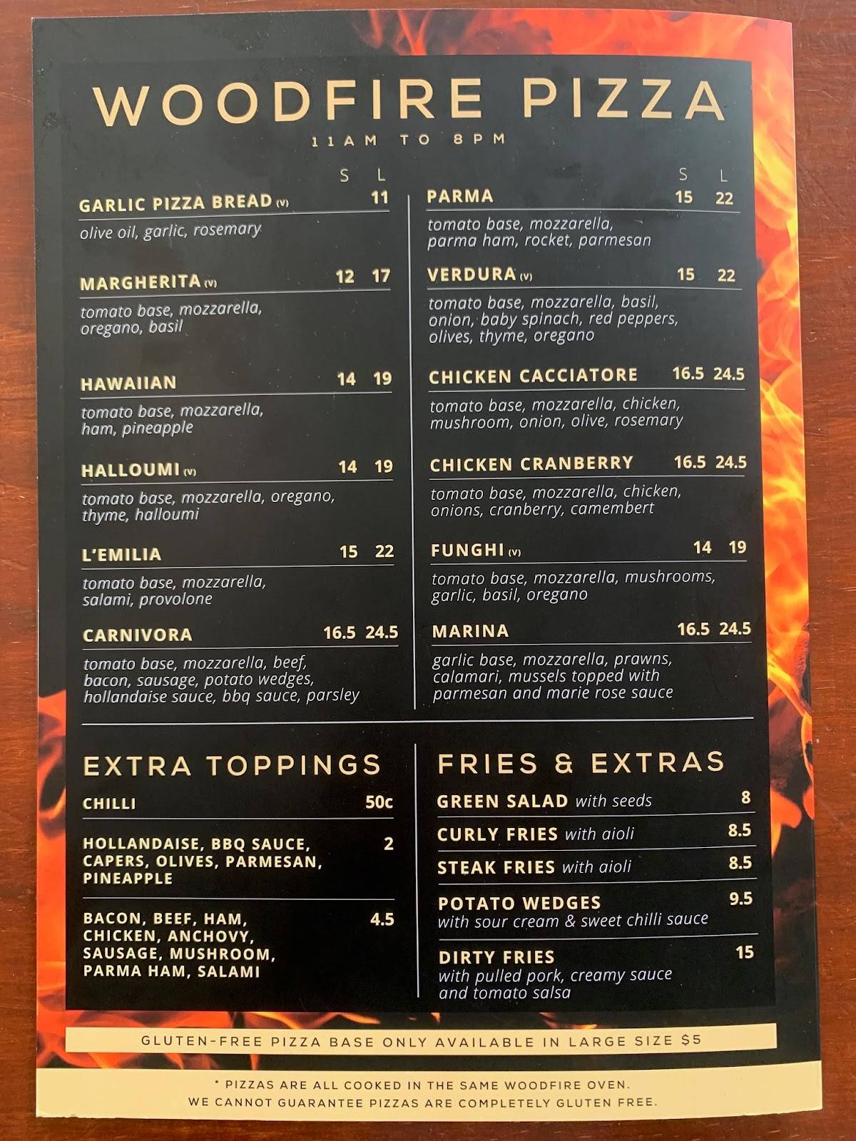 Menu at Days Bay Pavilion pizzeria, Lower Hutt